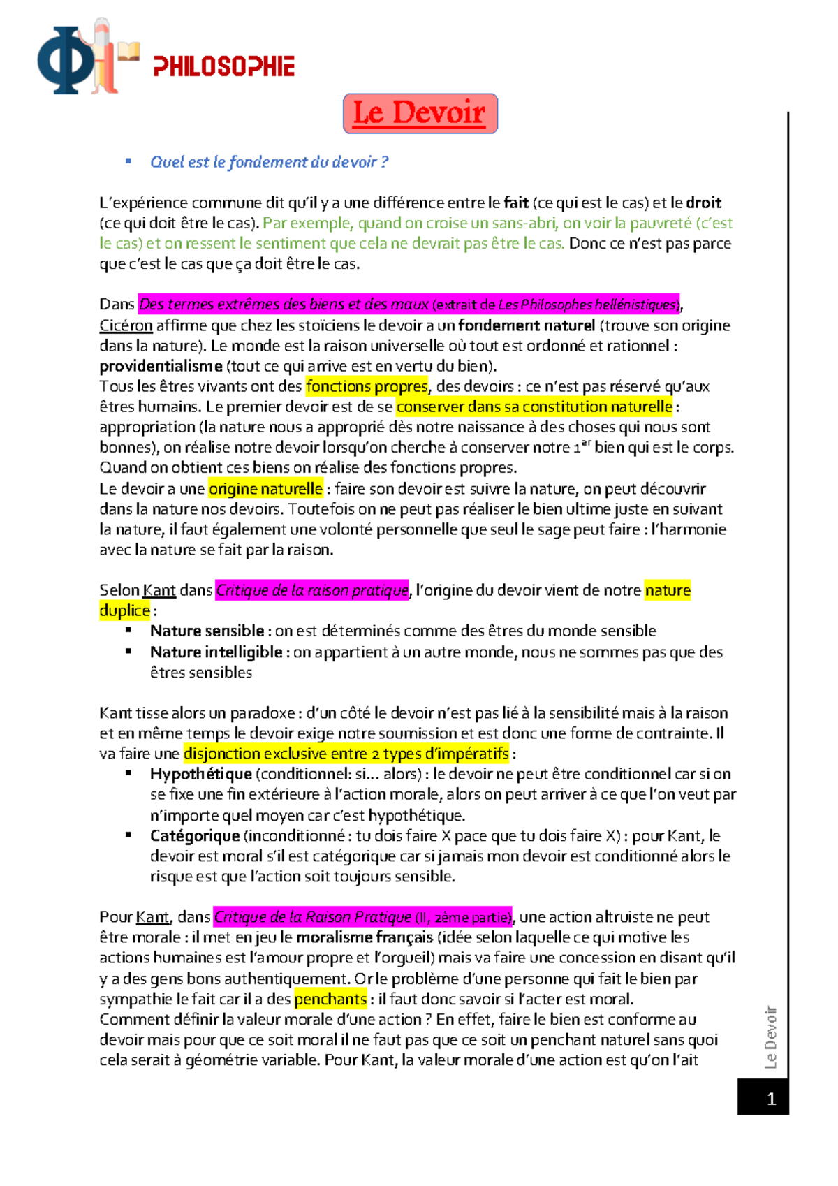 Cours - Le Devoir (Philosophie Tle) - Le Devoir PHILOSOPHIE 1 Le Devoir ...