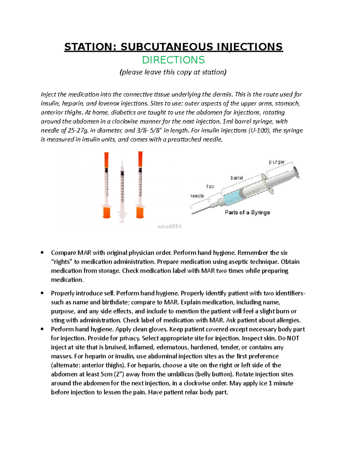 Week 1 - Subcutaneous Injections Directions - STATION: SUBCUTANEOUS ...