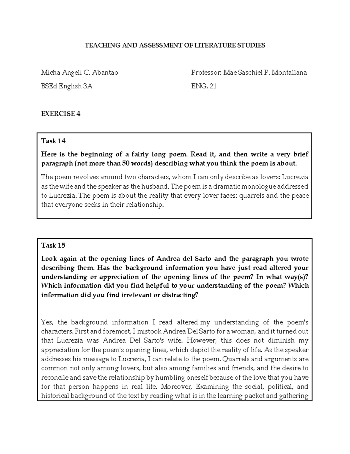 Exercise 4 ( Abantao, Micha Angeli C. 3 A) - TEACHING AND ASSESSMENT OF ...