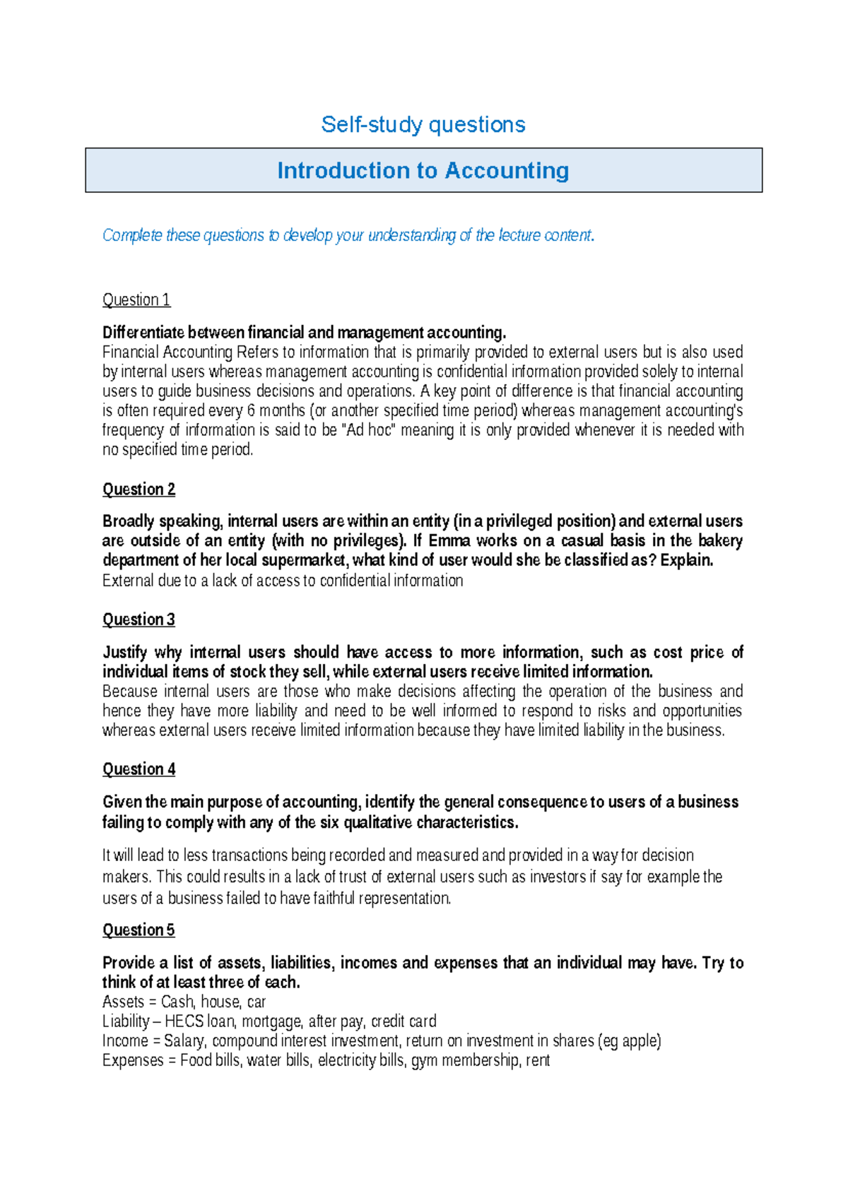 Topic 1 Self-study questions - Self-study questions Introduction to ...