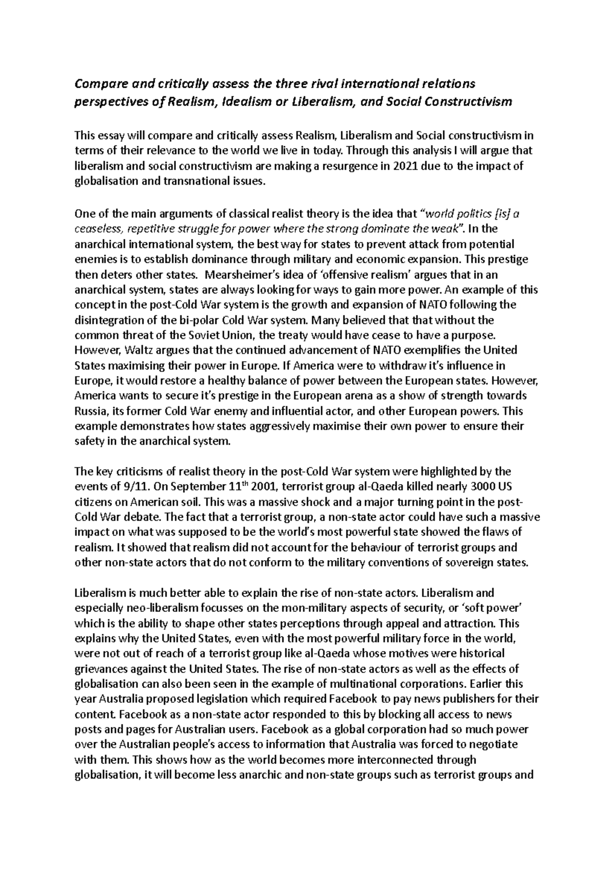 IR Theories Essay - Realism - Compare and critically assess the three ...