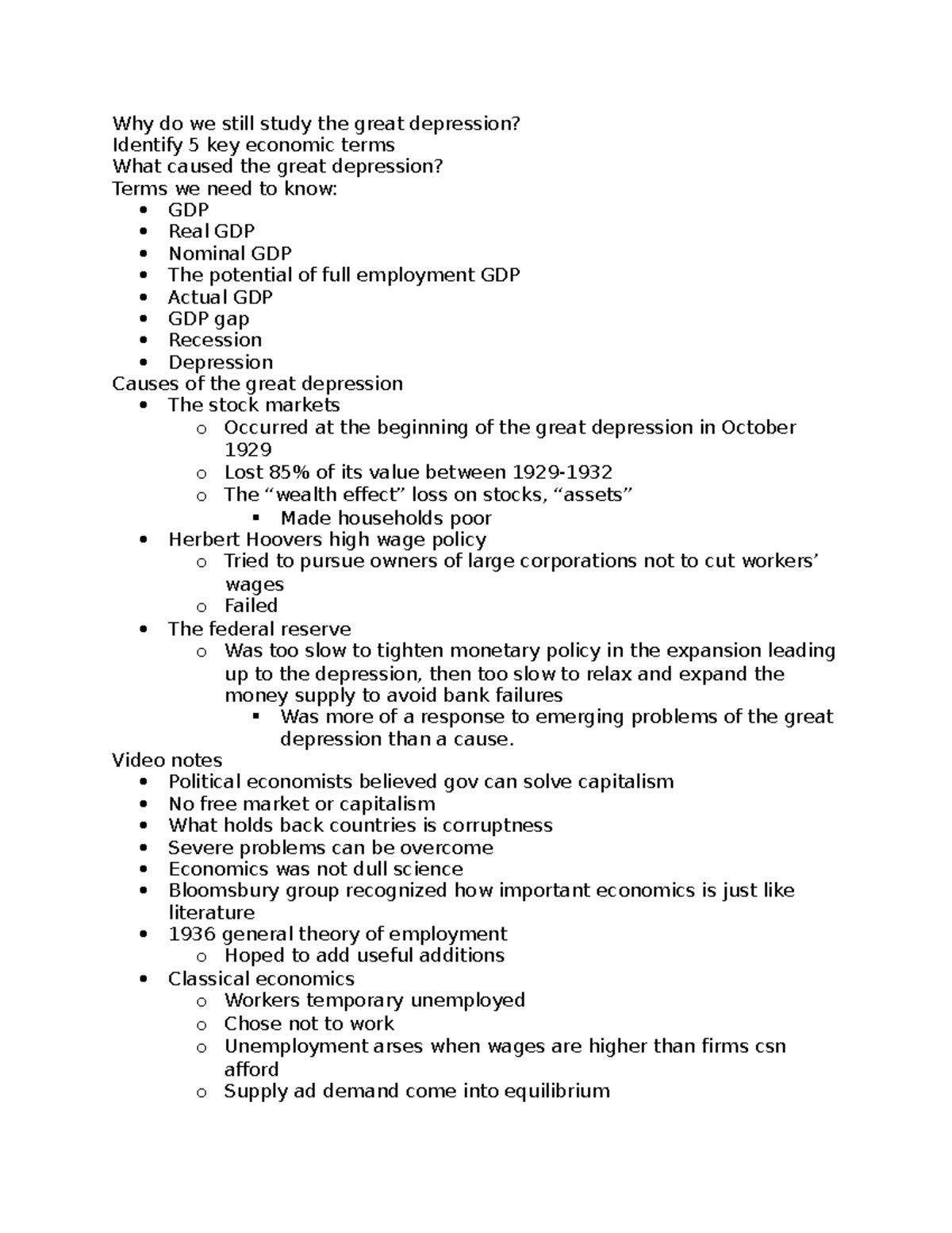 Macro notes - Why do we still study the great depression? Identify 5 ...