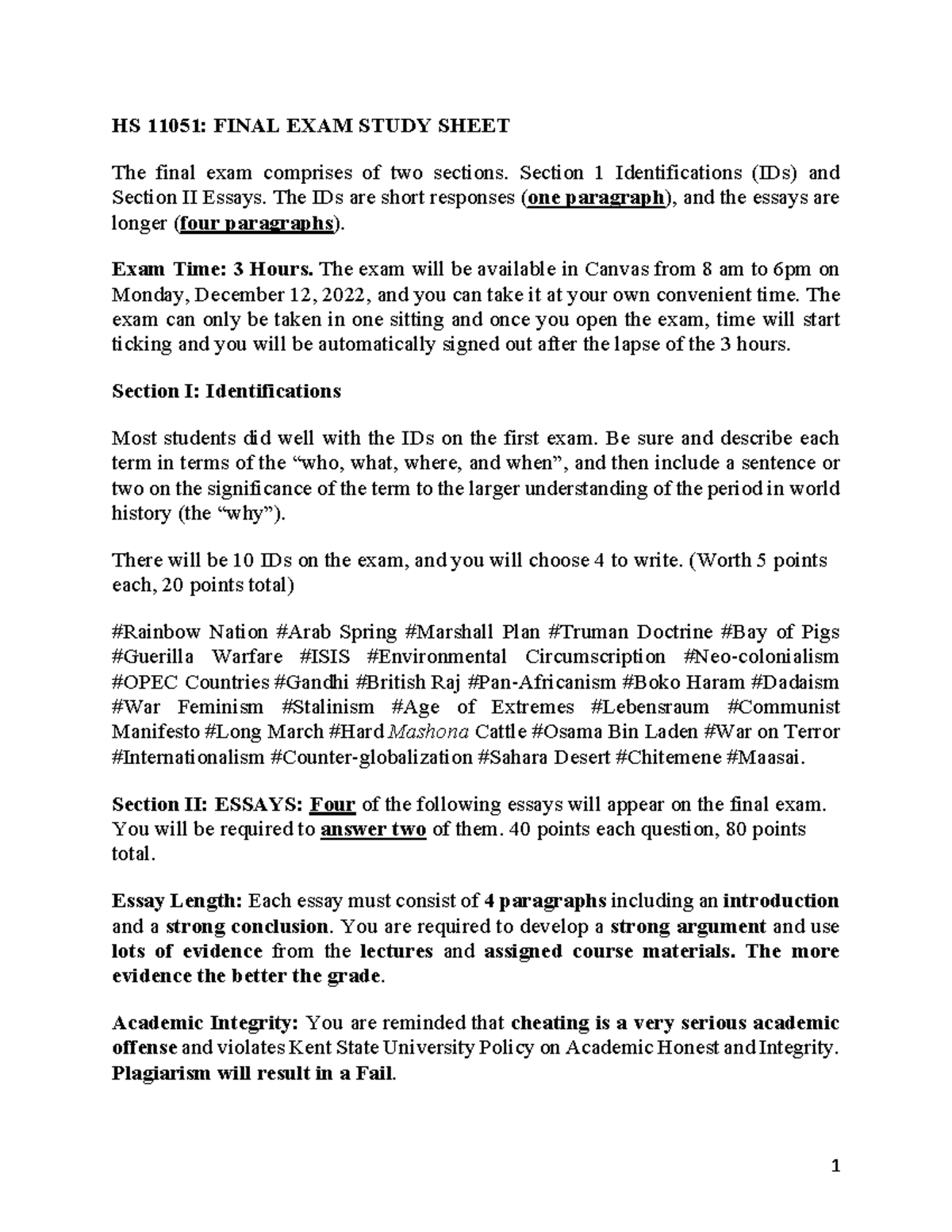 Study Guide Modern World History Final EXAM FALL 2022 - 1 HS 11051: FINAL EXAM STUDY SHEET The ...