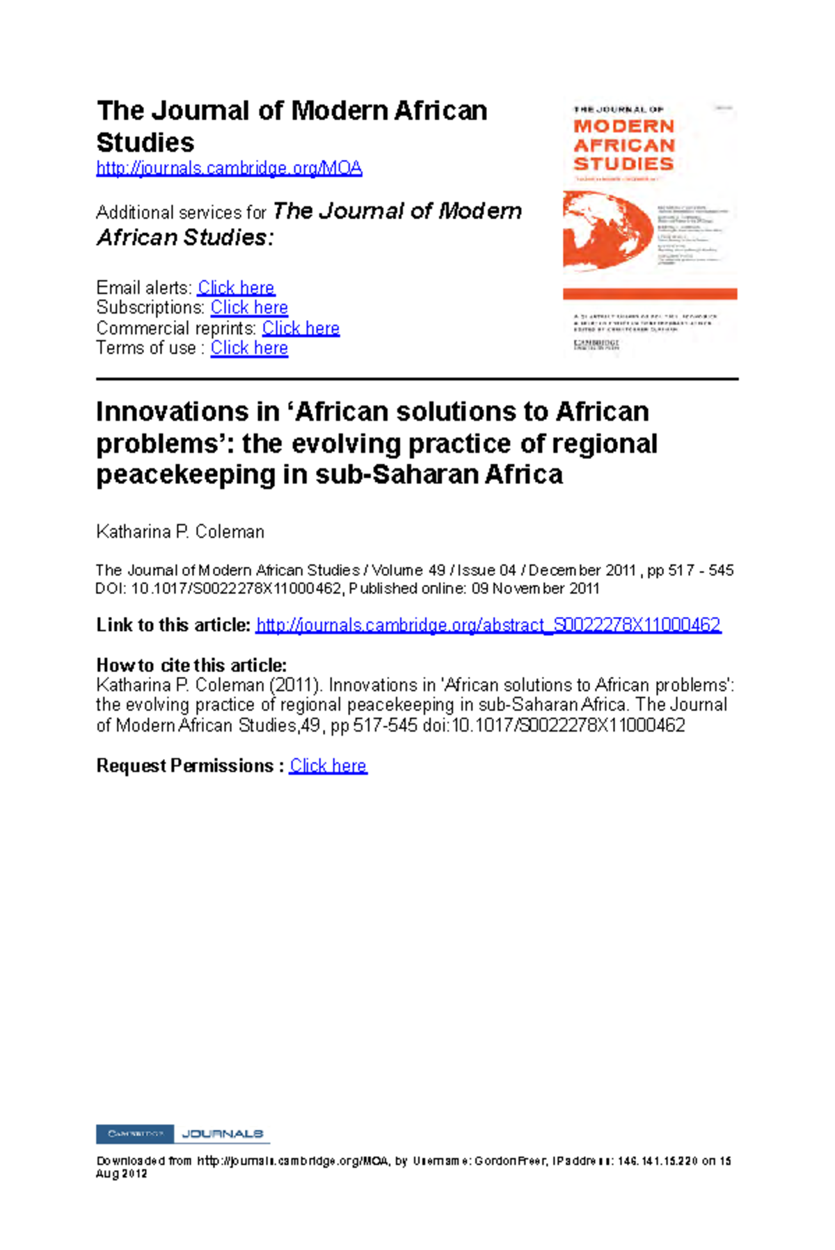 Coleman 2011 - Reading - The Journal of Modern African Studies journals ...