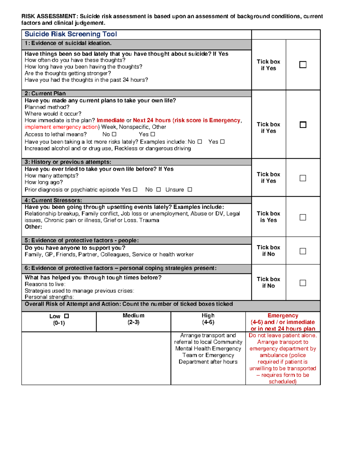 Suicide Risk Assessment Form - RISK ASSESSMENT: Suicide risk assessment ...