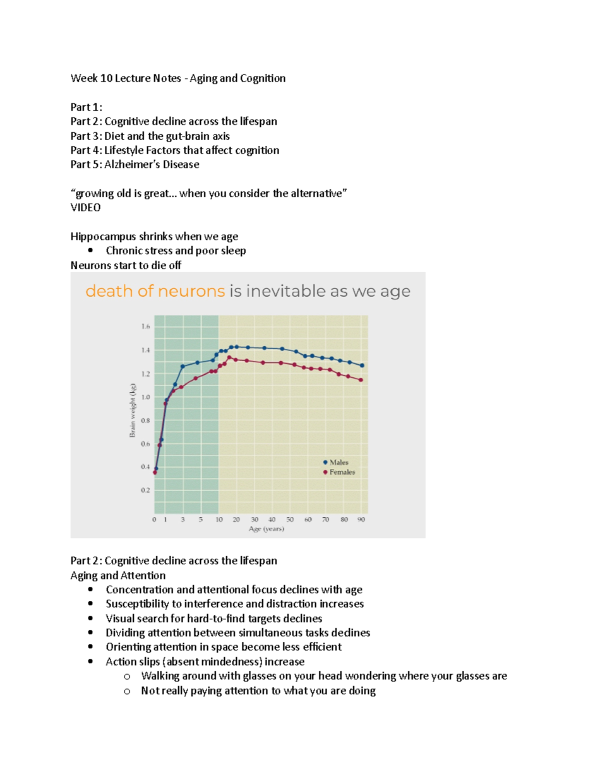 Week 9 Lecture Aging And Cognition Week 10 Lecture Notes Aging And Cognition Part 1 Part