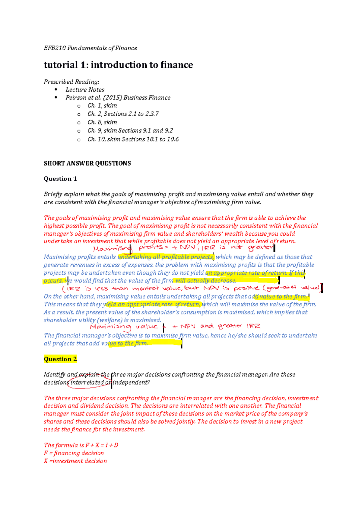 T1 introduction to finance questions - EFB210 Fundamentals of Finance tutorial 1: introduction ...