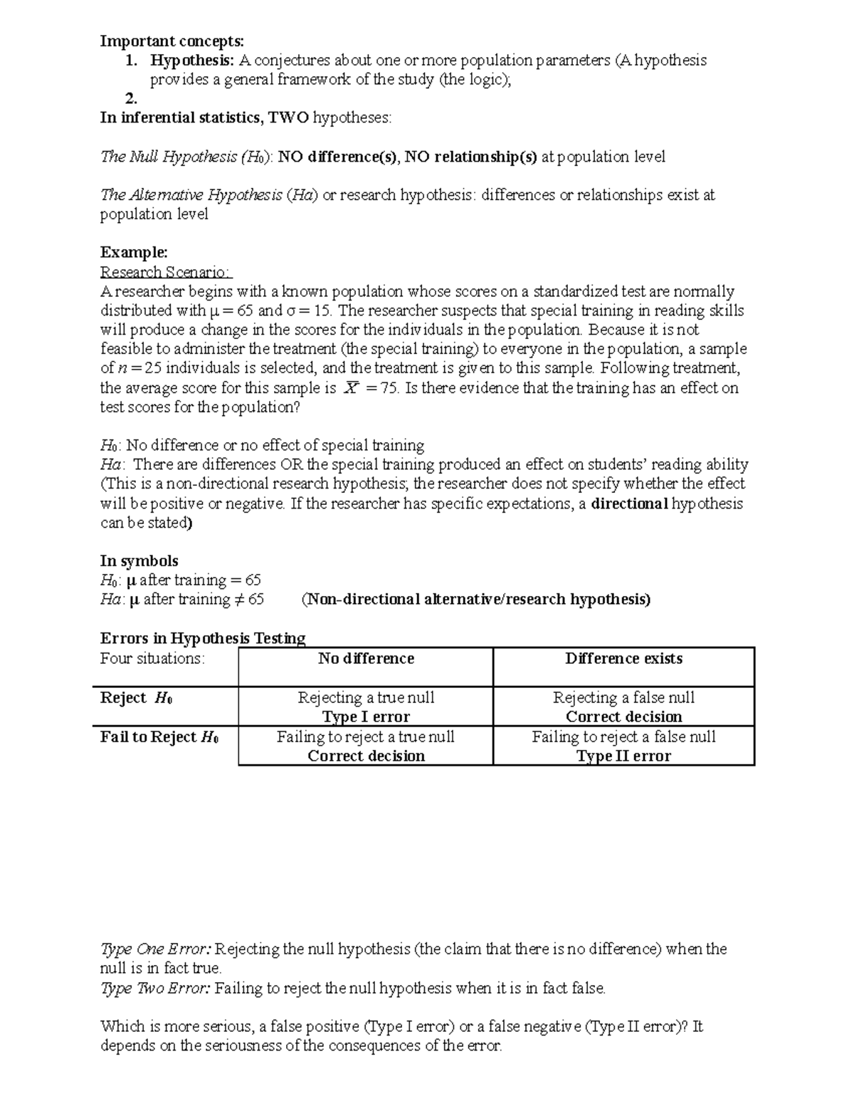 Notes Chap 8hyothesis 1sample - Important concepts: 1. Hypothesis: A ...