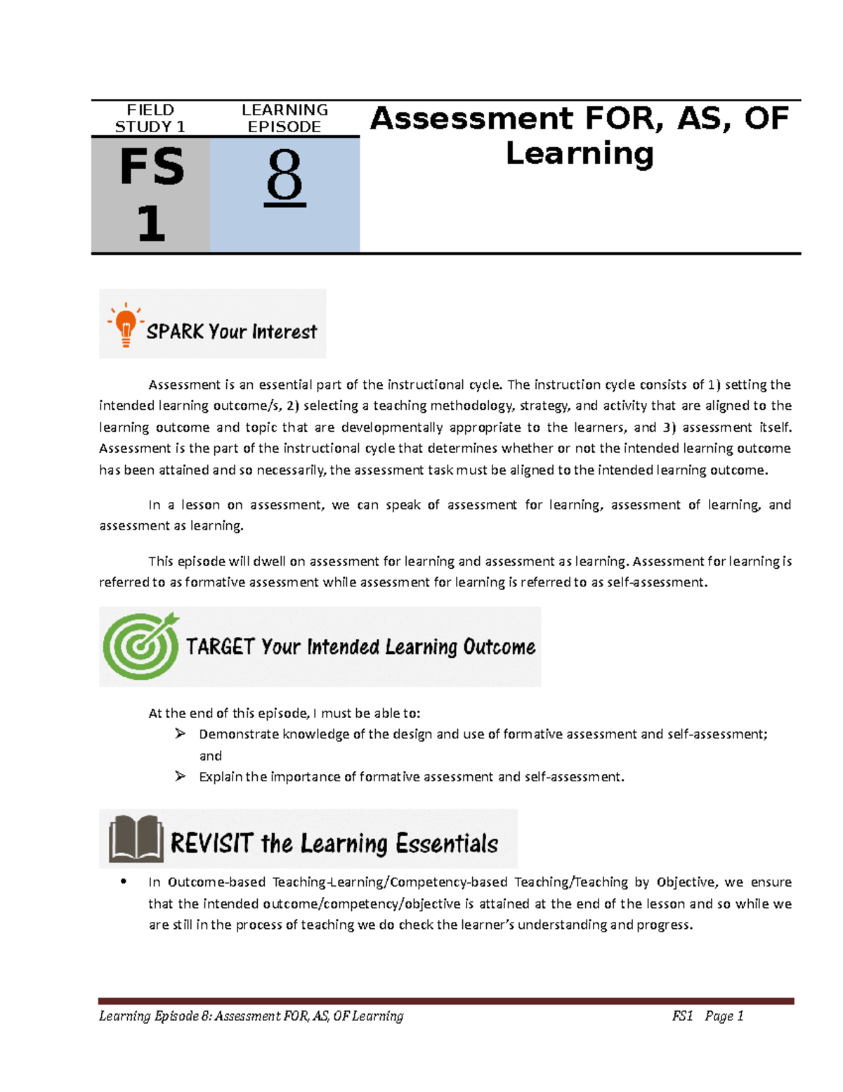 Field Study 1 E8 Assessment Forasof Learning - FIELD STUDY 1 LEARNING ...