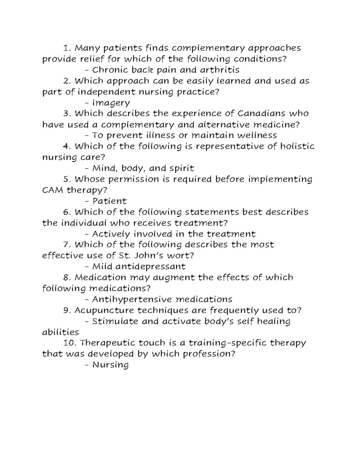 Document - Important questions to study for 208 - NURS 207 - U of S ...