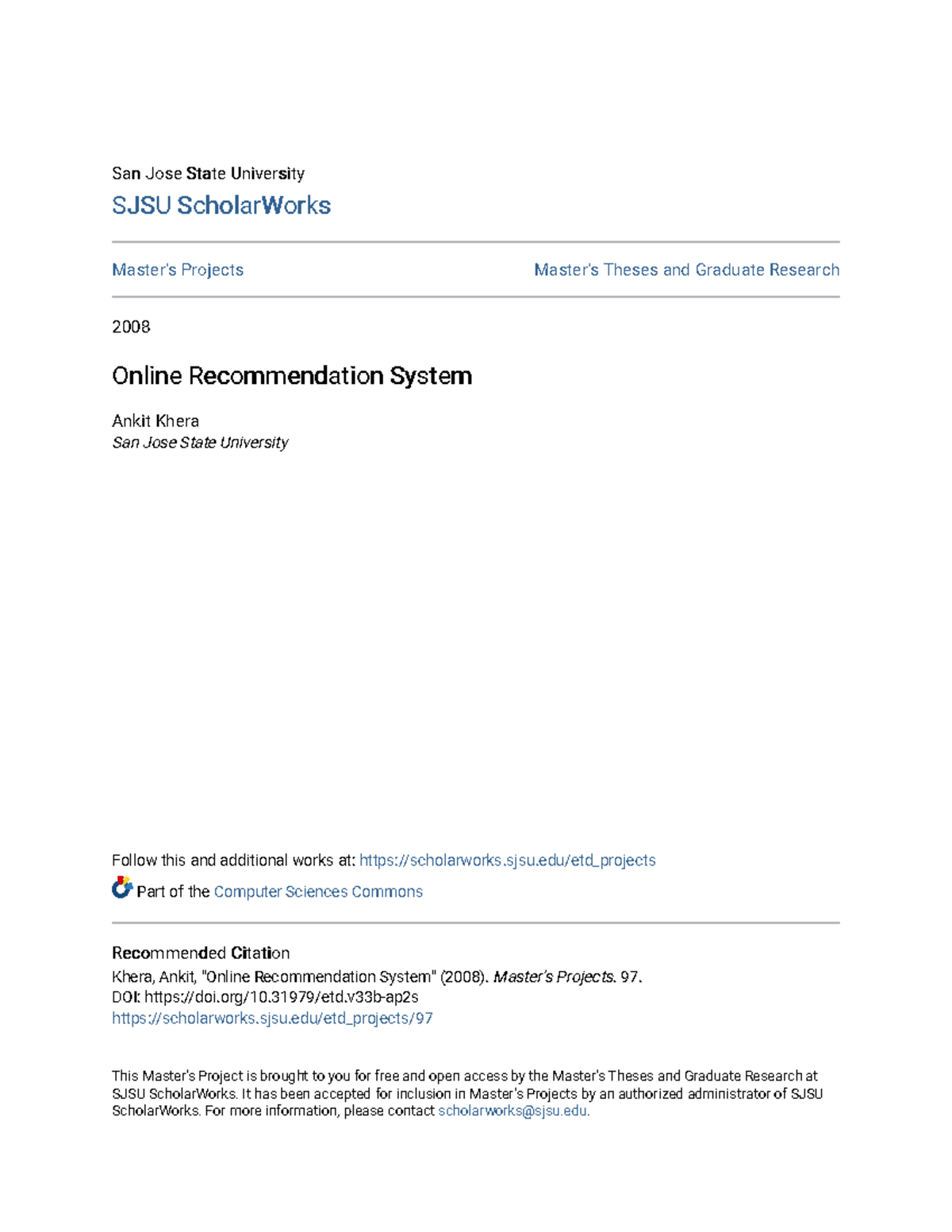 Online Recommendation System - sjsu/etd_projects Part of the Computer ...