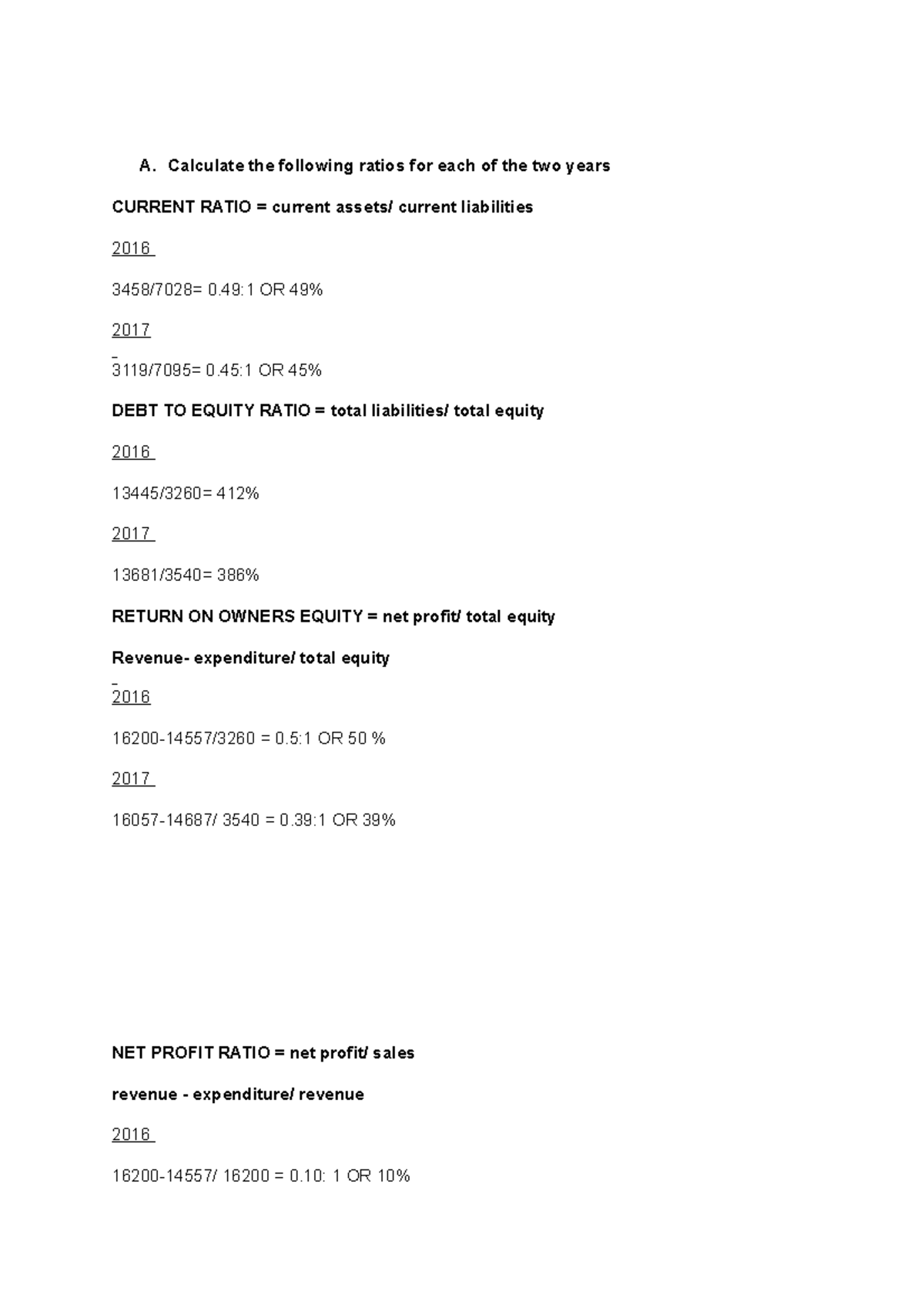 Business studies task 2 - A. Calculate the following ratios for each of ...