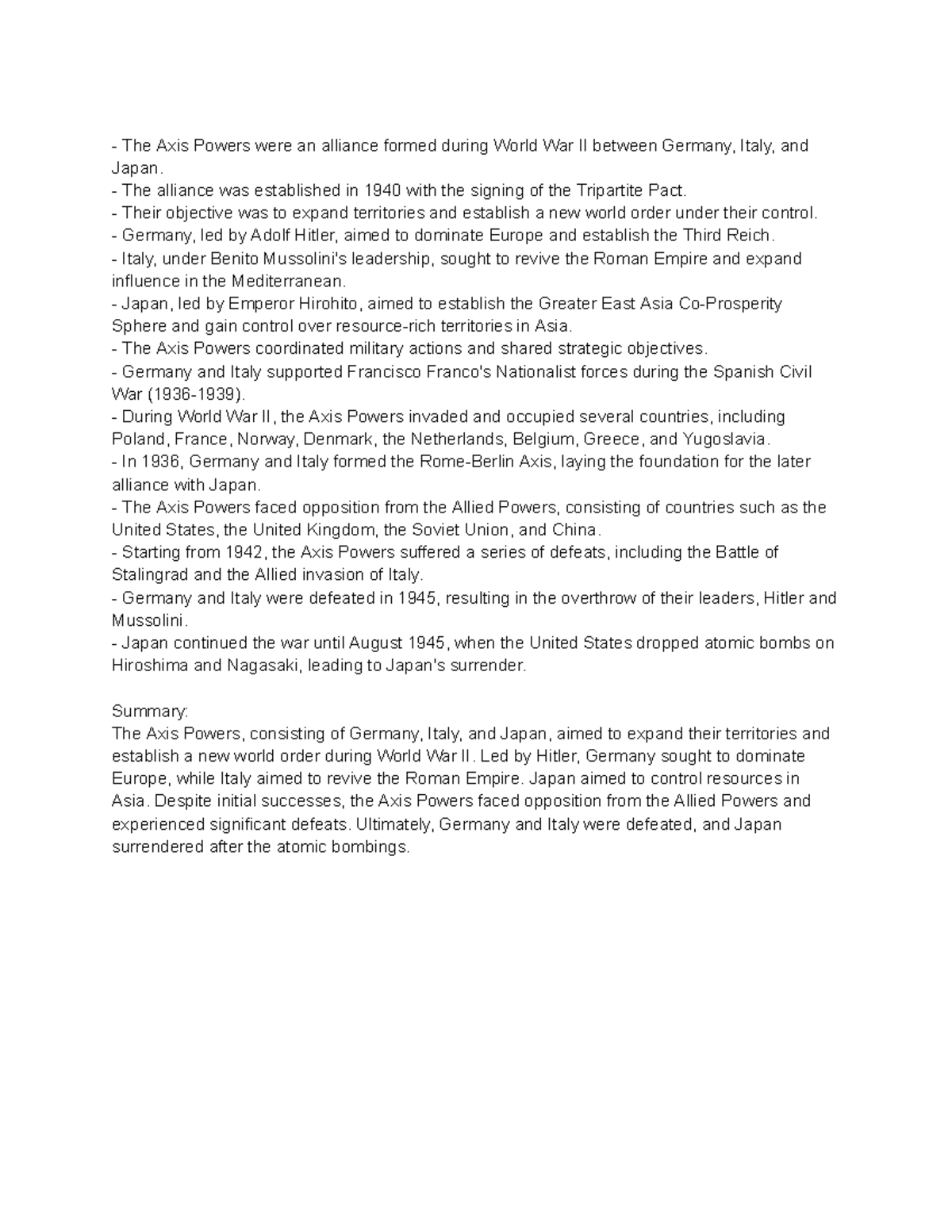 Axis power notes - The Axis Powers were an alliance formed during World ...