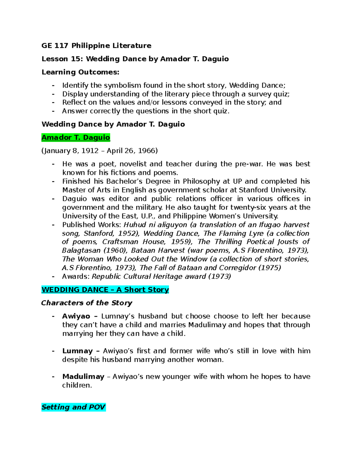 Lesson 15 Wedding Dance by Amador T. Daguio - GE 117 Philippine ...