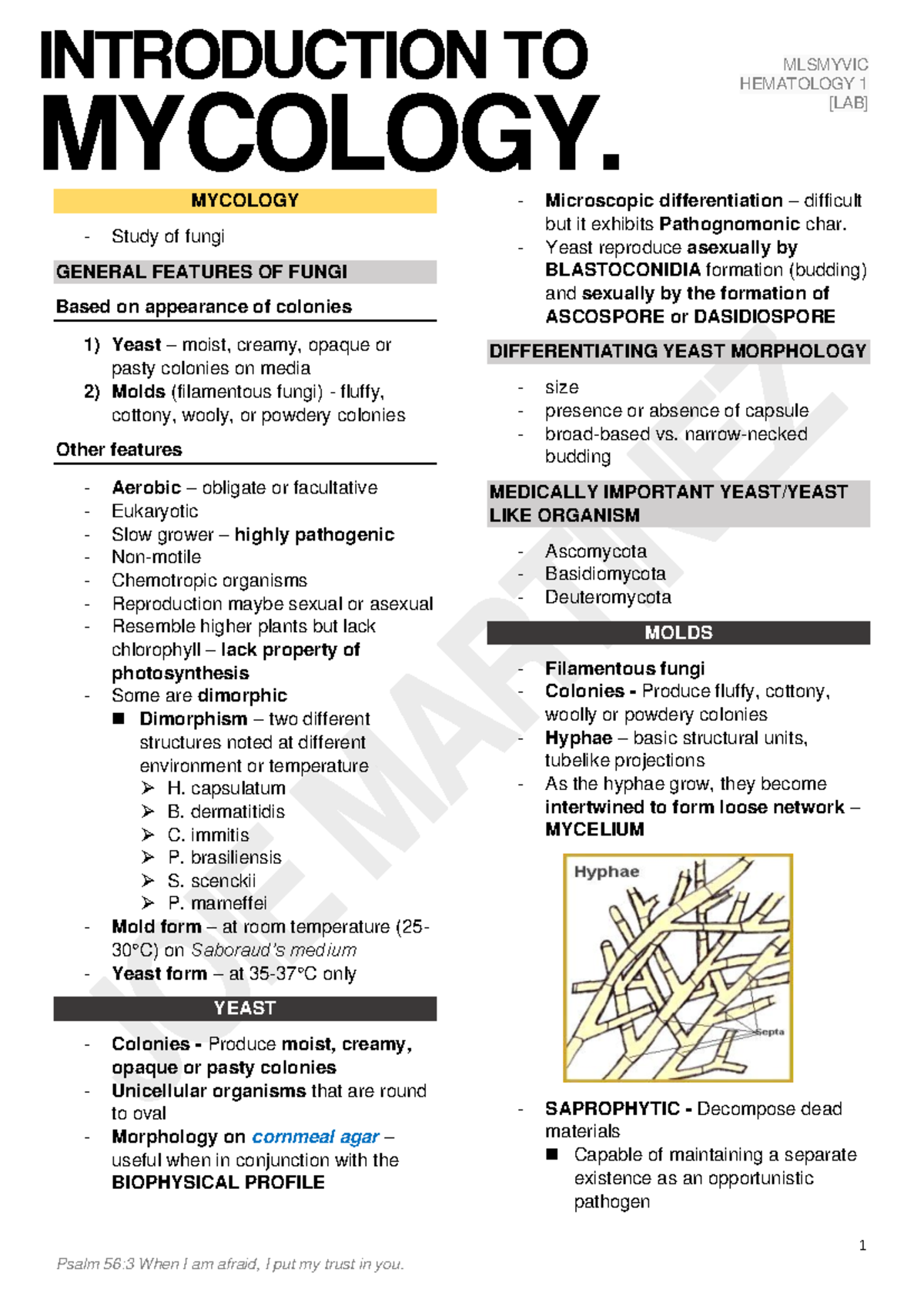 Mycoviro LEC LAB - HEMATOLOGY 1 [LAB] 1 INTRODUCTION TO MYCOLOGY. MYCOLOGY Study of fungi ...