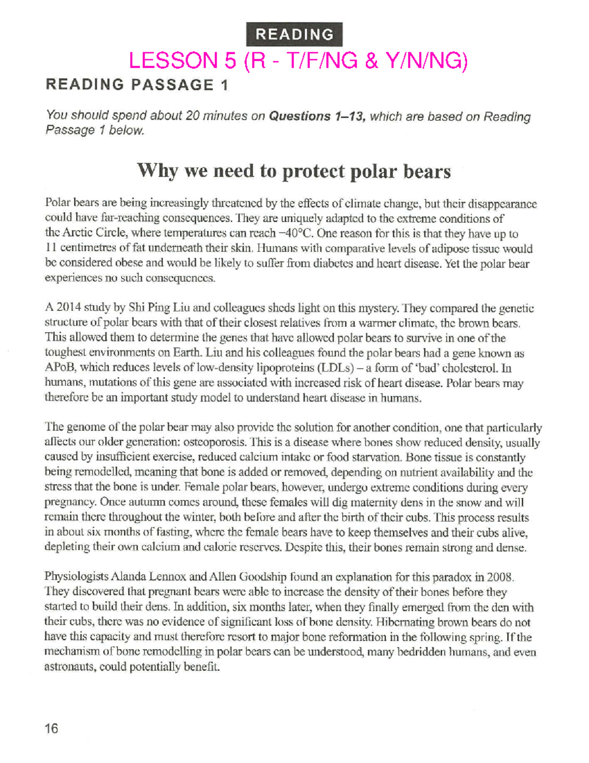 Lesson 5 (R - TFNG YNNG) - tài liệu reading - READING LESSON 5 (R ...