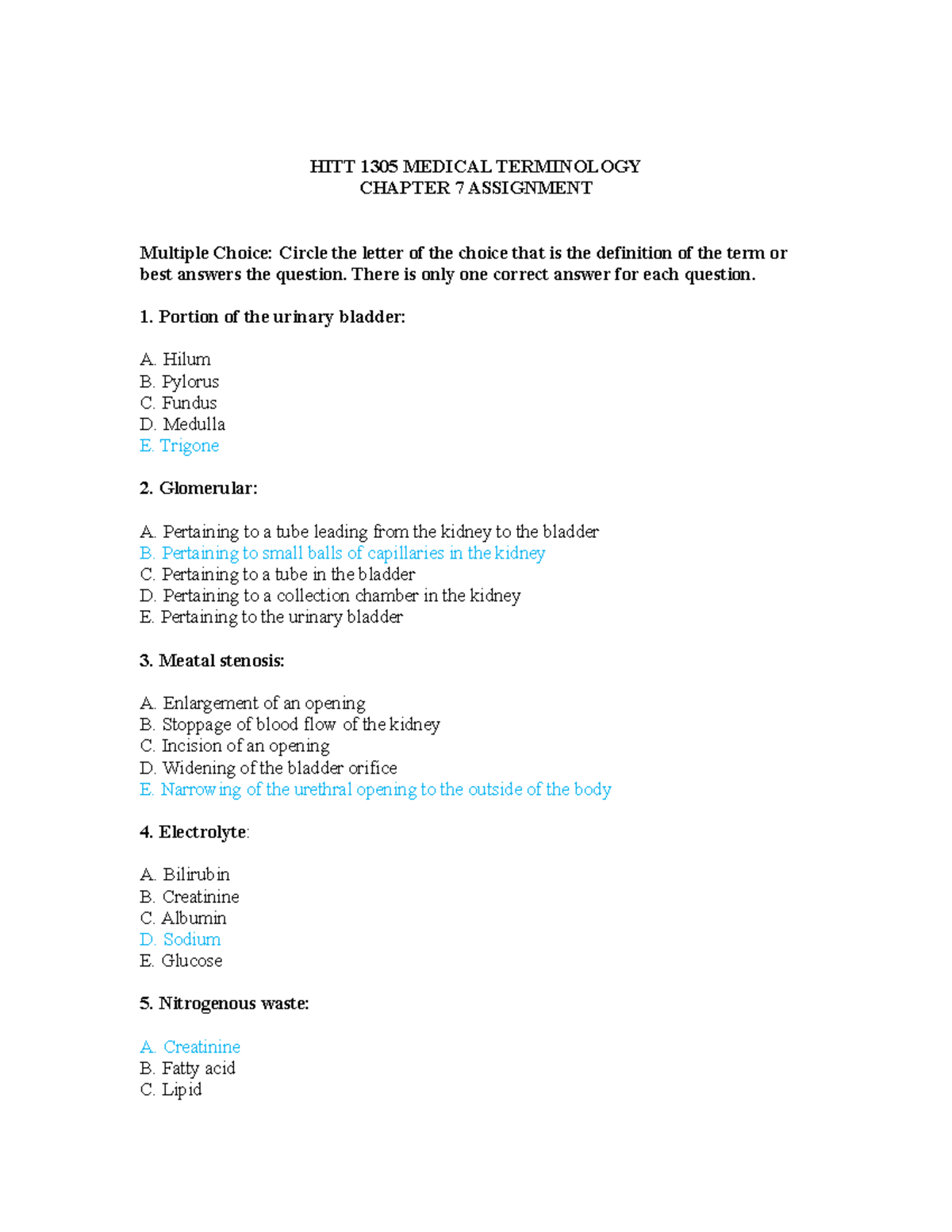 HITT 1305 cha7 assignment 1 - HITT 1305 MEDICAL TERMINOLOGY CHAPTER 7 ...