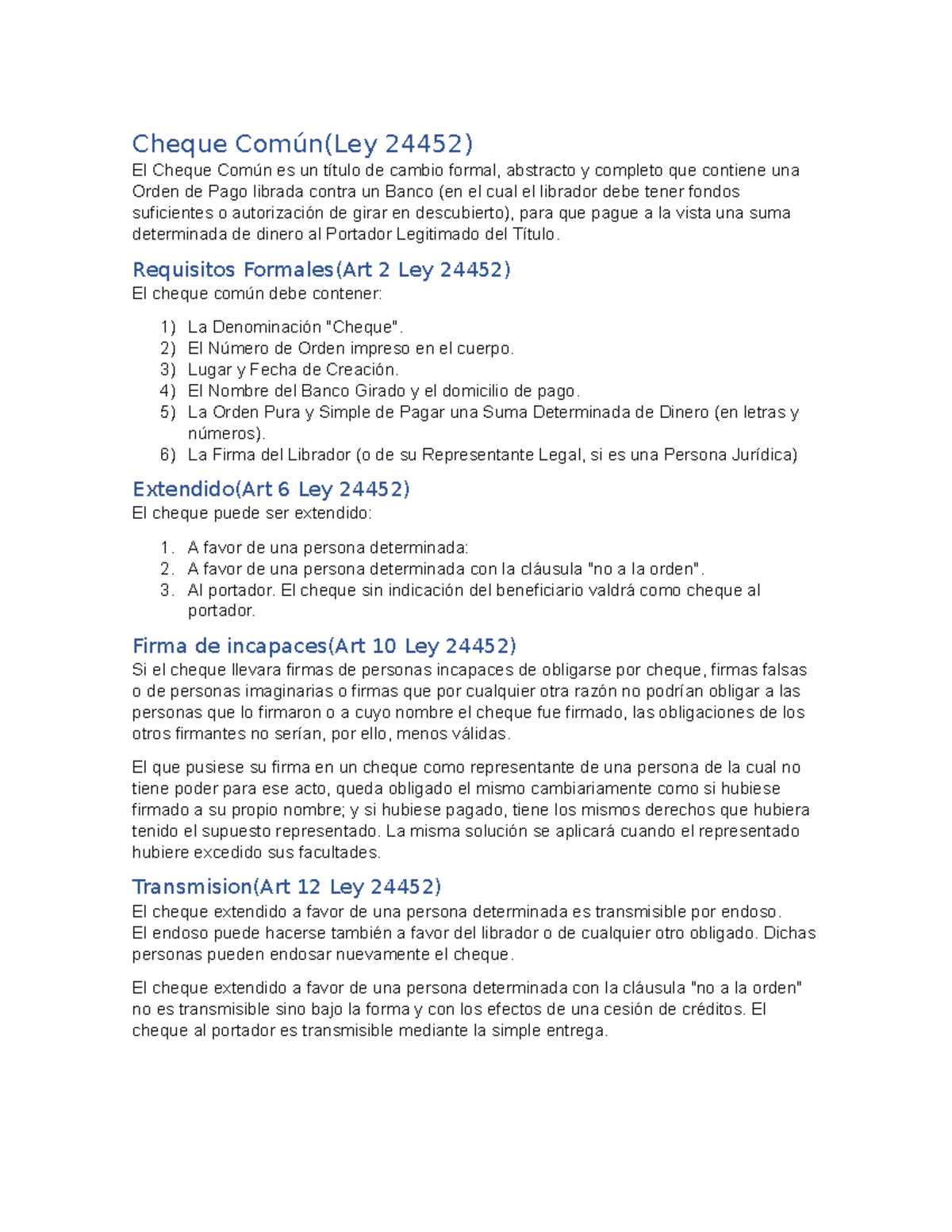 Unidad 5 de la materia - Cheque Común(Ley 24452) El Cheque Común es un ...