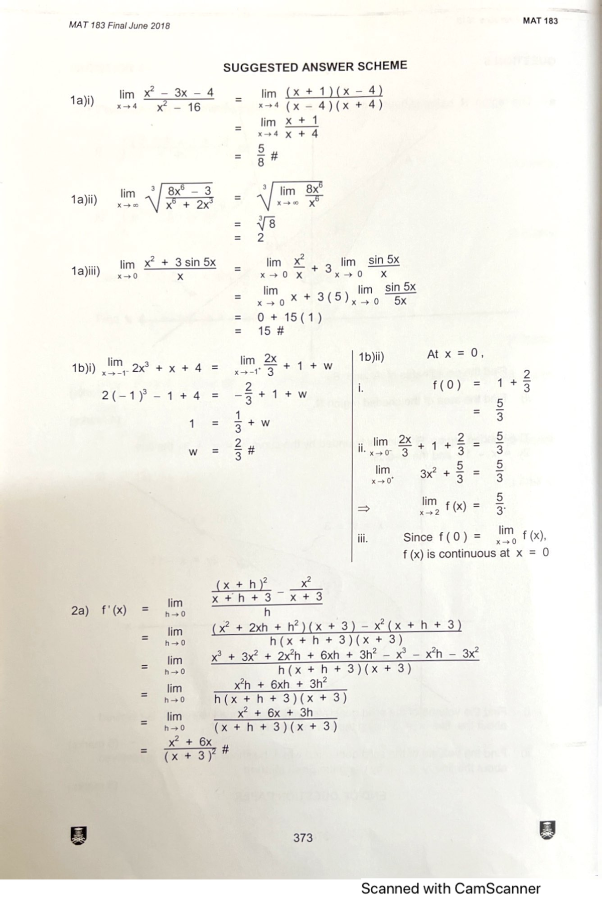 MAT183 Answer June 2018 - Calculus 1 - Studocu