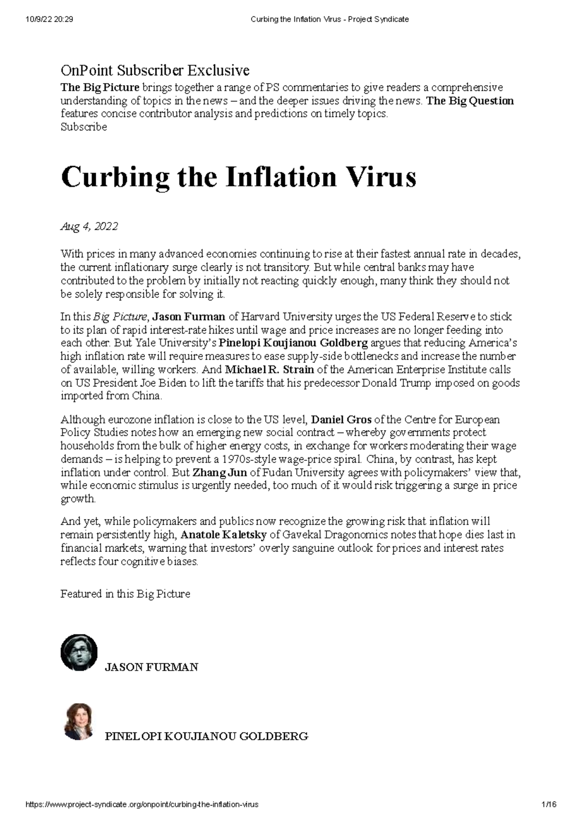 Lectura 7 Curbing the Inflation Virus - Project Syndicate - OnPoint ...