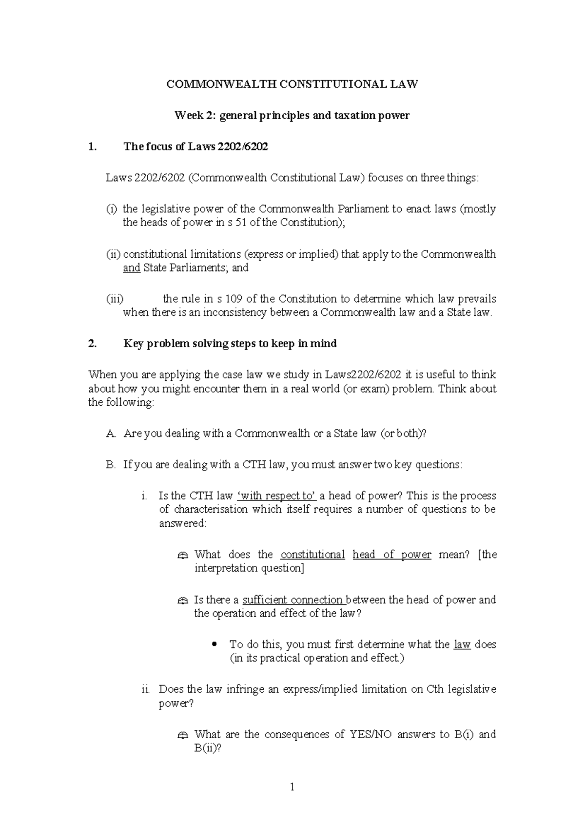 Week 2 Taxation Power Outline - COMMONWEALTH CONSTITUTIONAL LAW Week 2 ...