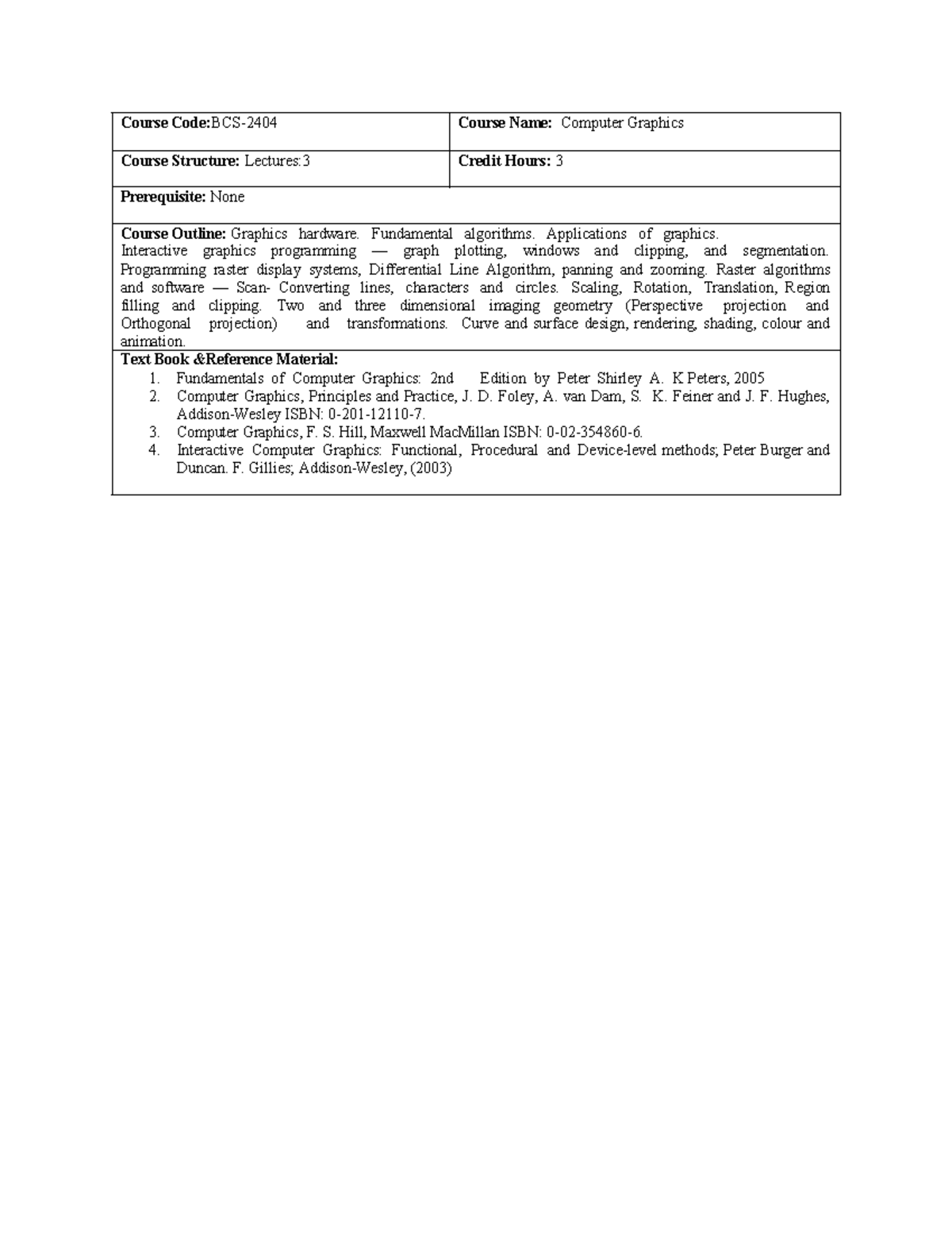 Course Content - Course Code:BCS-2404 Course Name: Computer Graphics ...