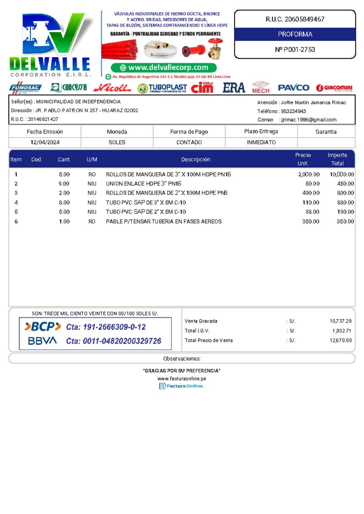 Cotizacion Nº P001-2753 (1) - R.U. 20605849467 PROFORMA Nº P001- Fecha Emisión Moneda Forma de ...