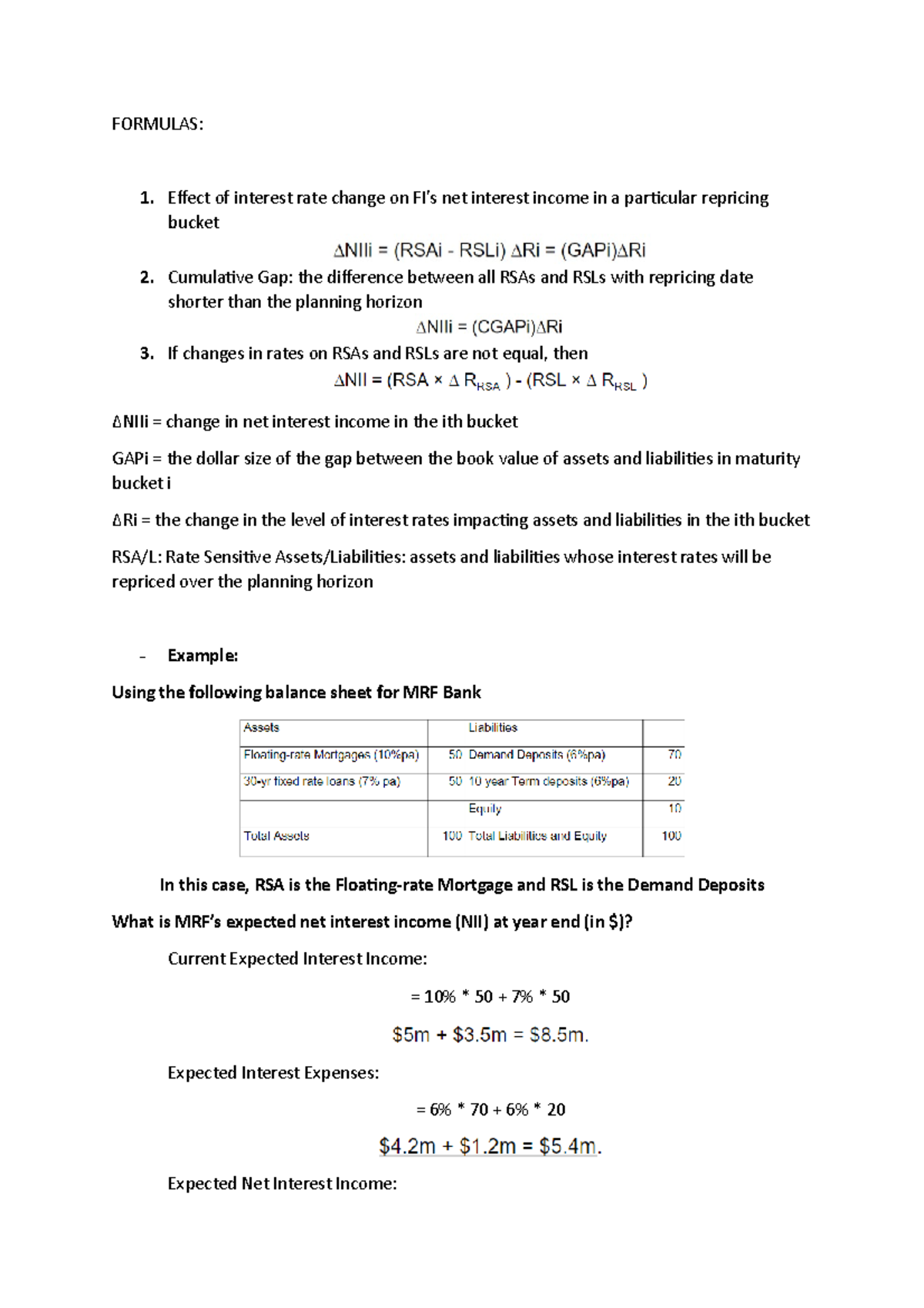 Bank Formulas - FORMULAS: Effect of interest rate change on FI’s net ...