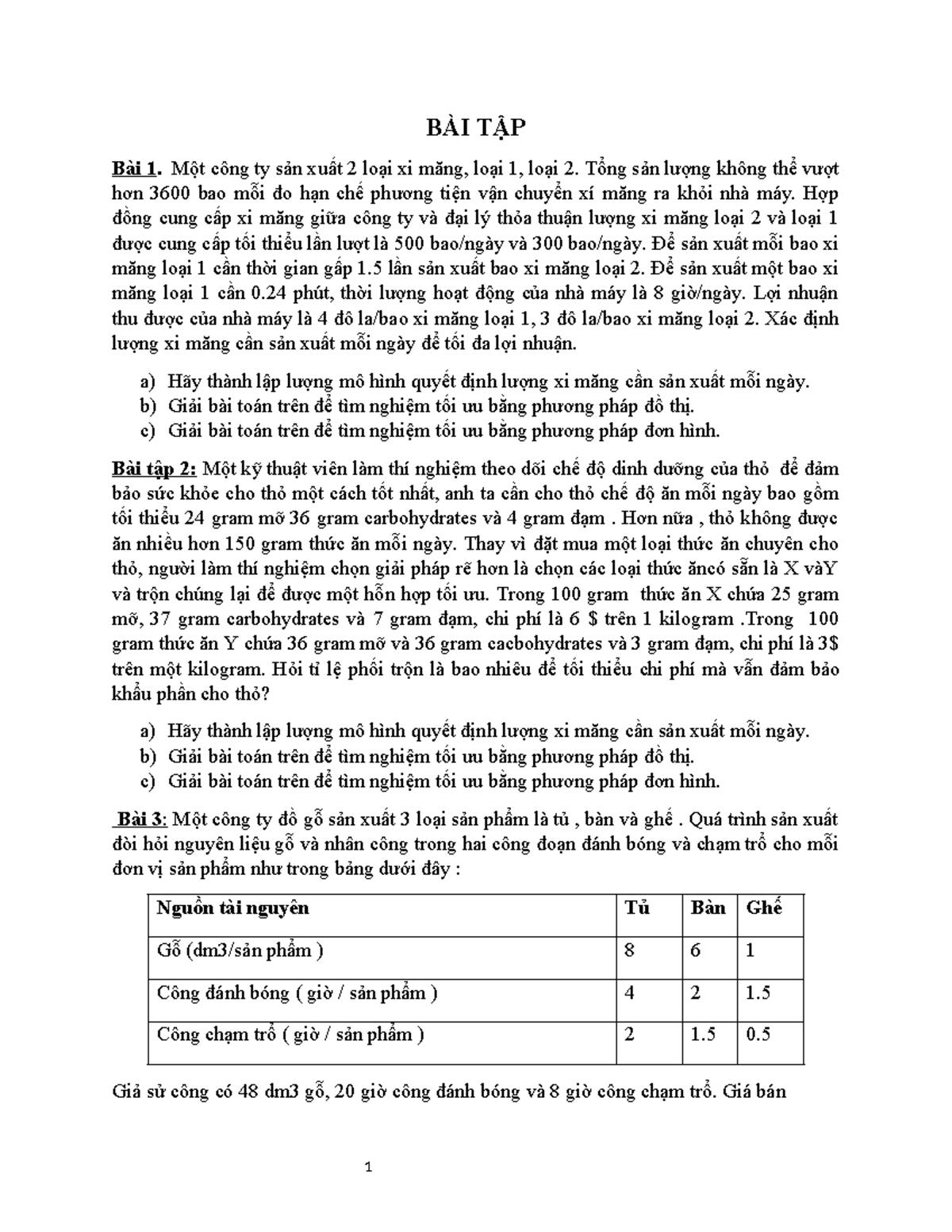 BÀI TẬP VTH - 1 BÀI TẬP Bài 1. Một công ty sản xuất 2 loại xi măng ...