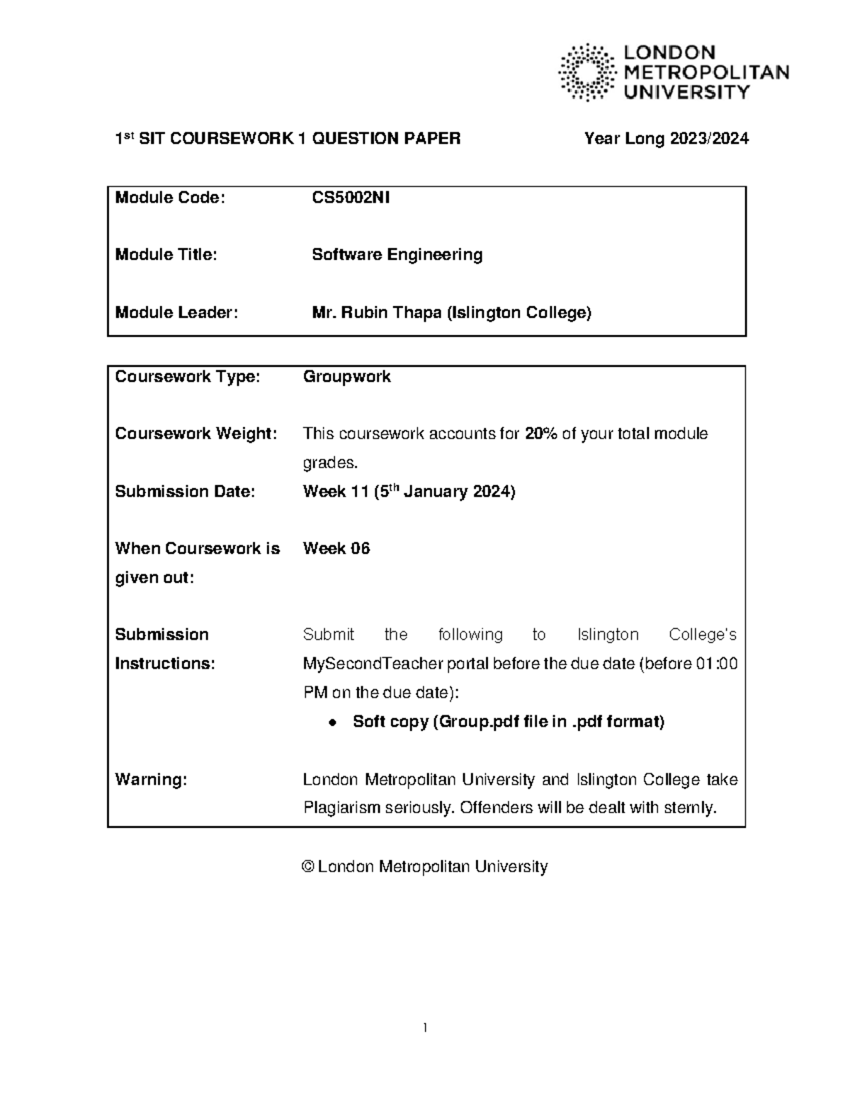CS5002NISoftware Engineering Y 23Autumn Main Sit GW 1QP 93444 - 1 st ...
