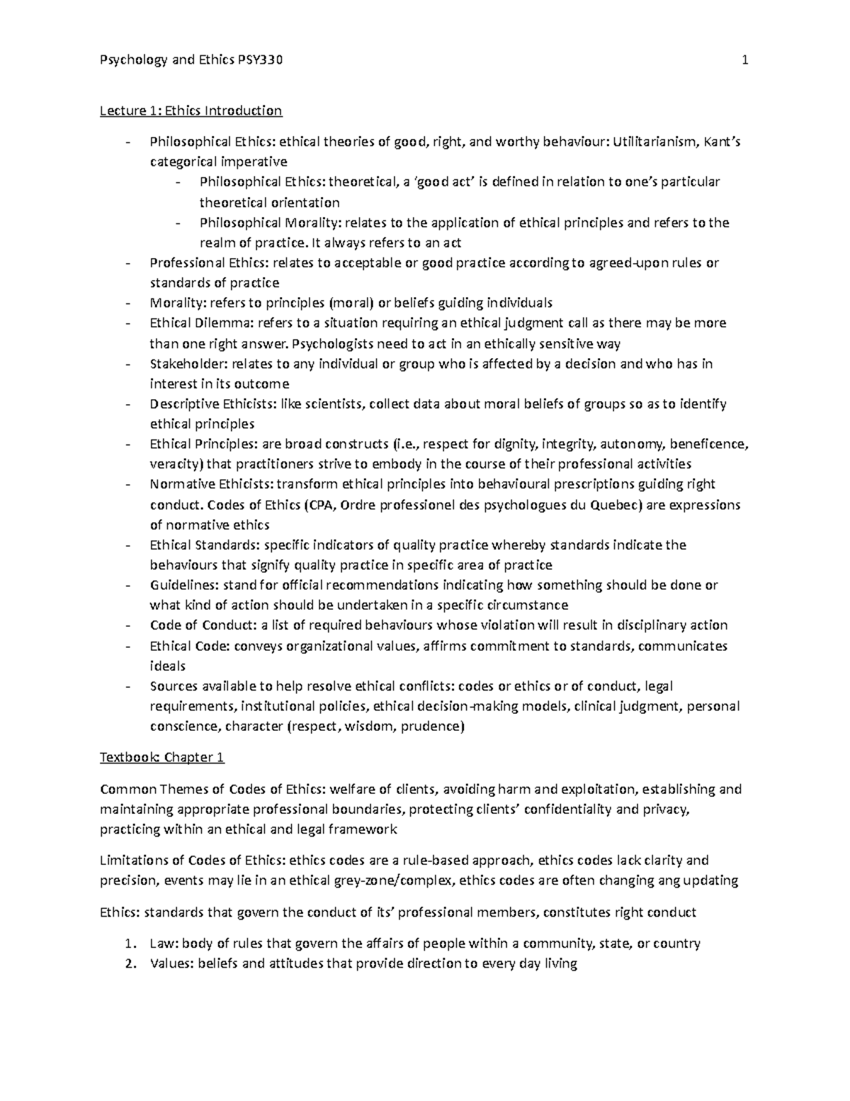 Psychology and Ethics Notes - Lecture 1: Ethics Introduction ...