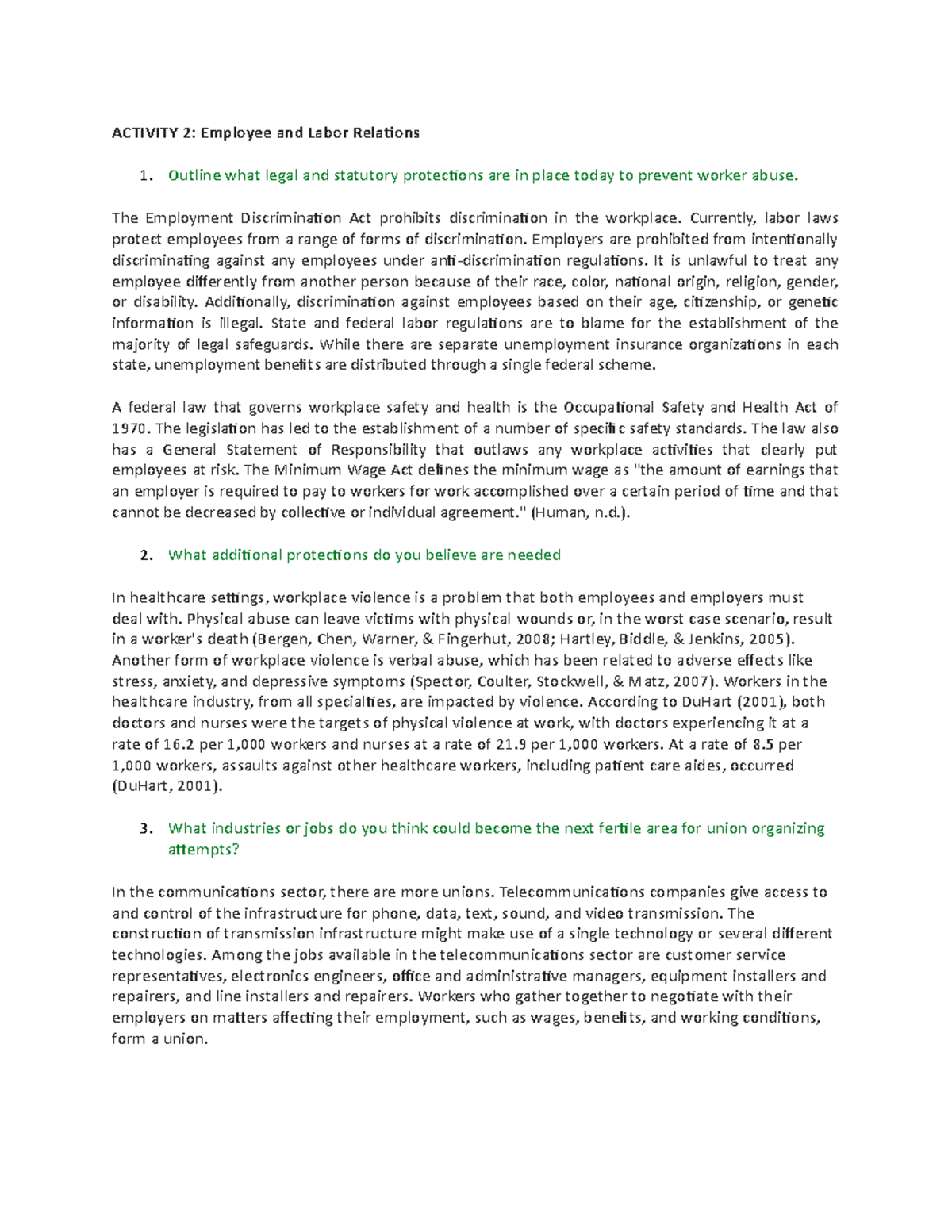 Week 6 Discussion Activity 2 - ACTIVITY 2: Employee and Labor Relations ...