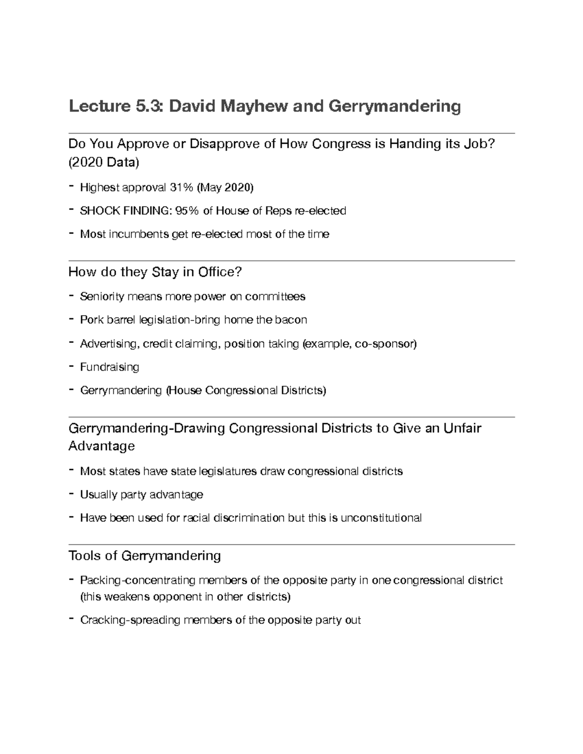 Lecture 5 - Lecture 5: David Mayhew and Gerrymandering Do You Approve ...
