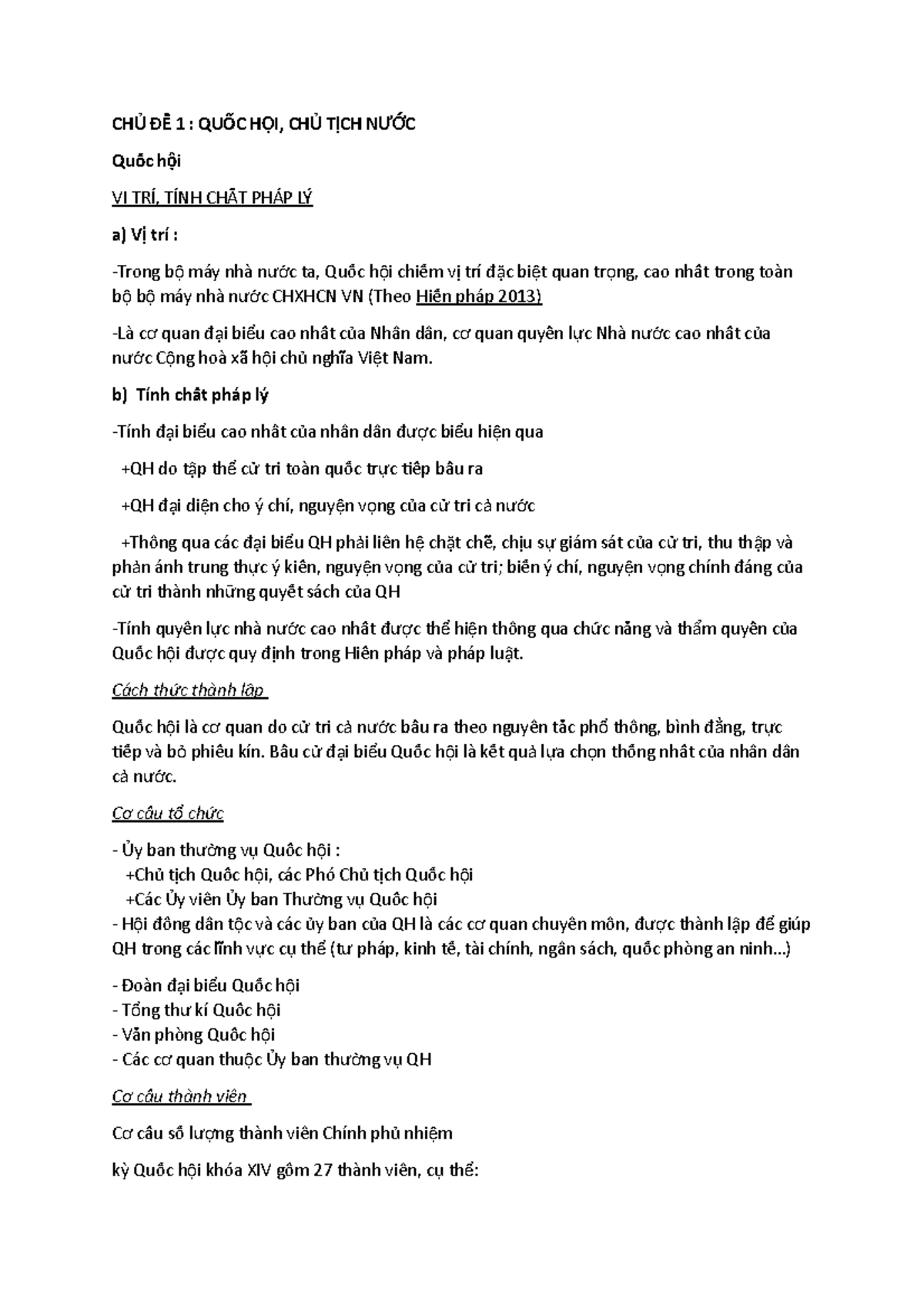 Tong hop pldc - HHH - CH Ủ ĐỀỀ 1 : QUỐỐC H ỘI, CH Ủ T CH NỊ ƯỚC Quốốc h iộ V TRÍ, TÍNH CHẤẤT ...