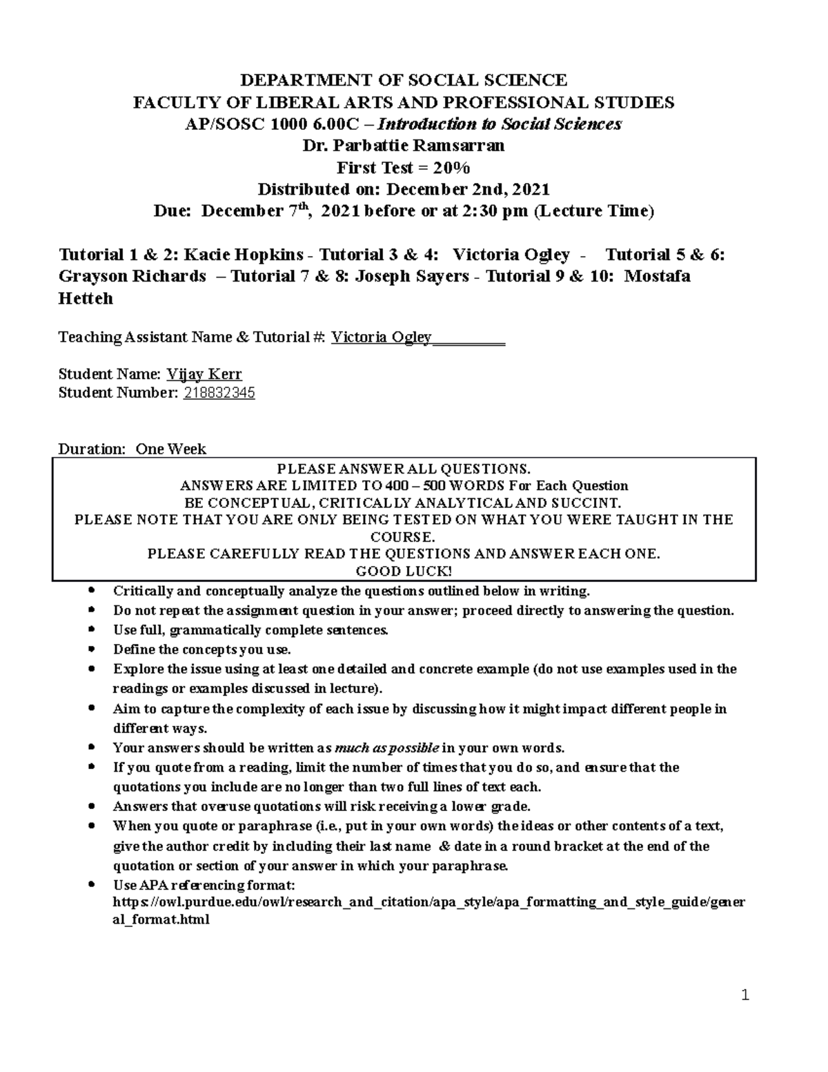 SOSC 1000 C 2ND TEST - DEPARTMENT OF SOCIAL SCIENCE FACULTY OF LIBERAL ...