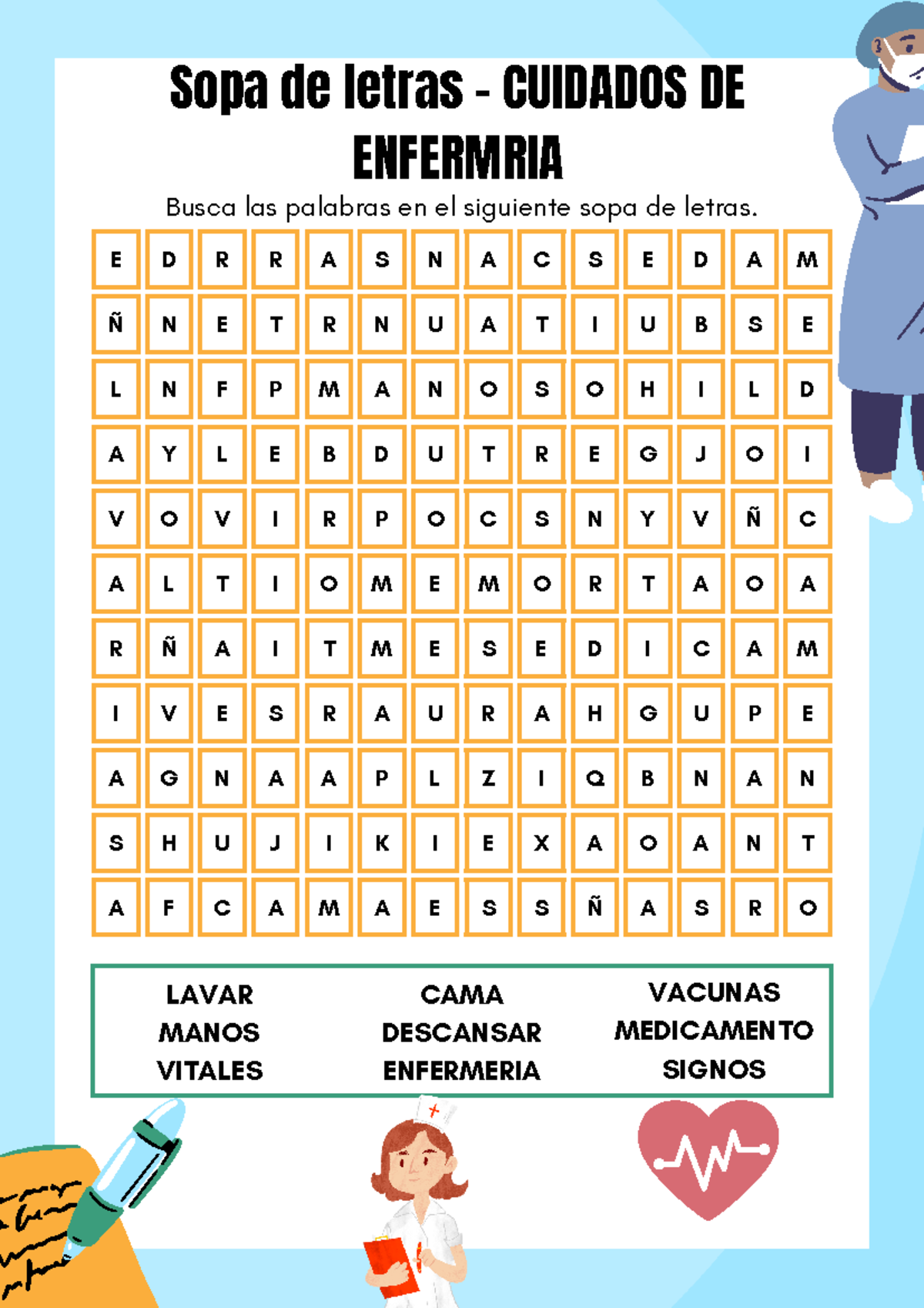Cuidados DE Enfemeria Sopa De Letras Ficha De Ejercicios - E D R R A S ...