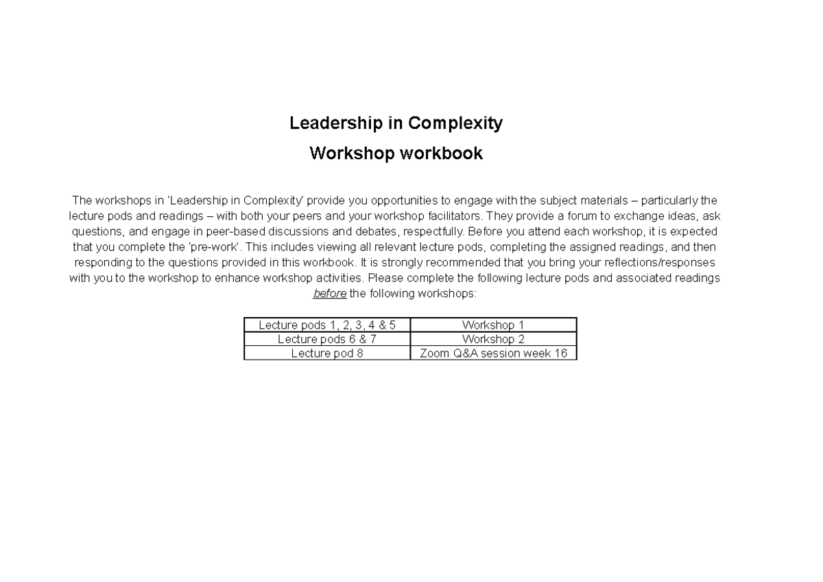 LIC Workbook - Leadership in Complexity Workshop workbook The workshops ...