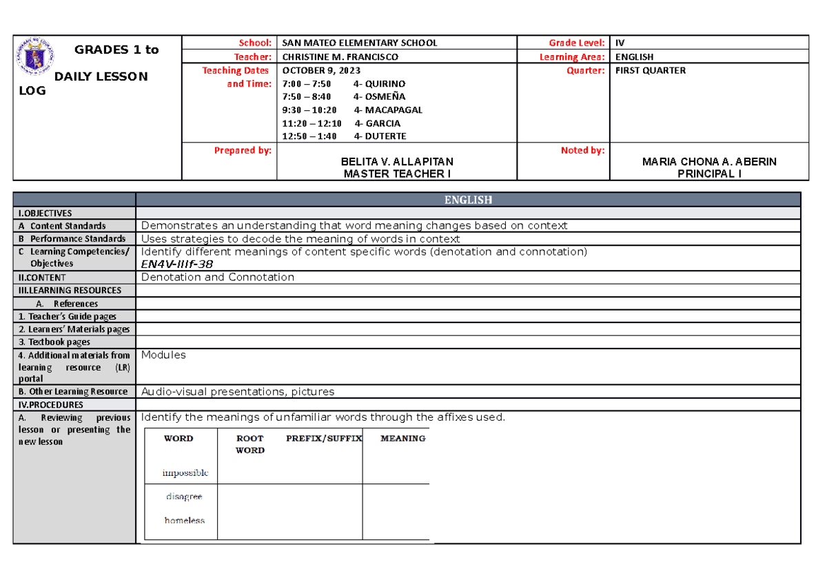 Cmfrancisco DLP Q1 W7 D1 - GRADES 1 to 12 DAILY LESSON LOG School: SAN ...