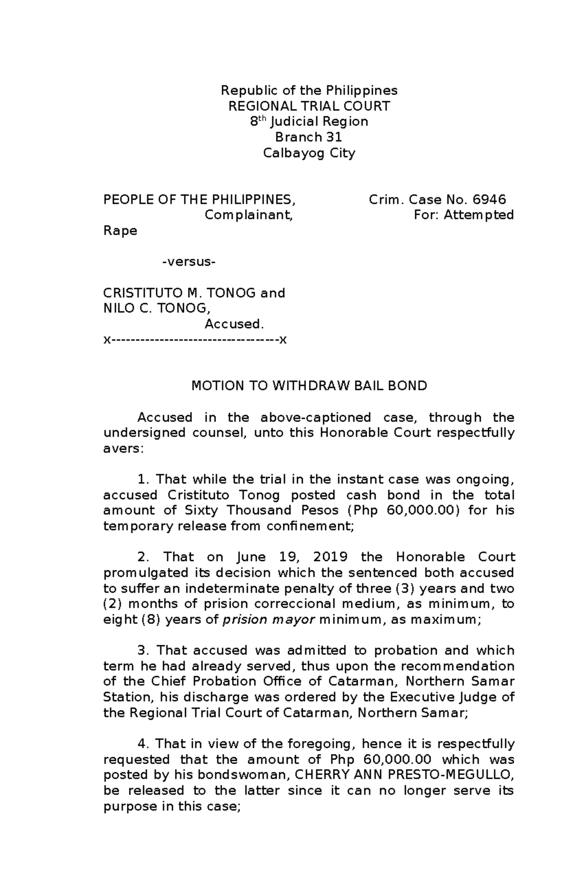 Motion-TO- Withdraw - Republic of the Philippines REGIONAL TRIAL COURT ...