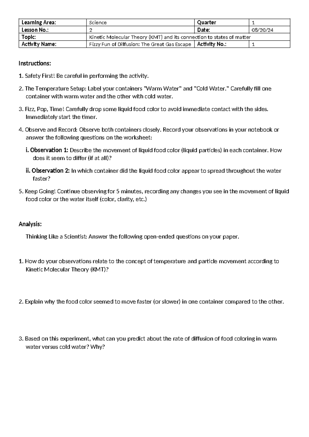 Act #1 - science assignment - Learning Area: Science Quarter 1 Lesson ...