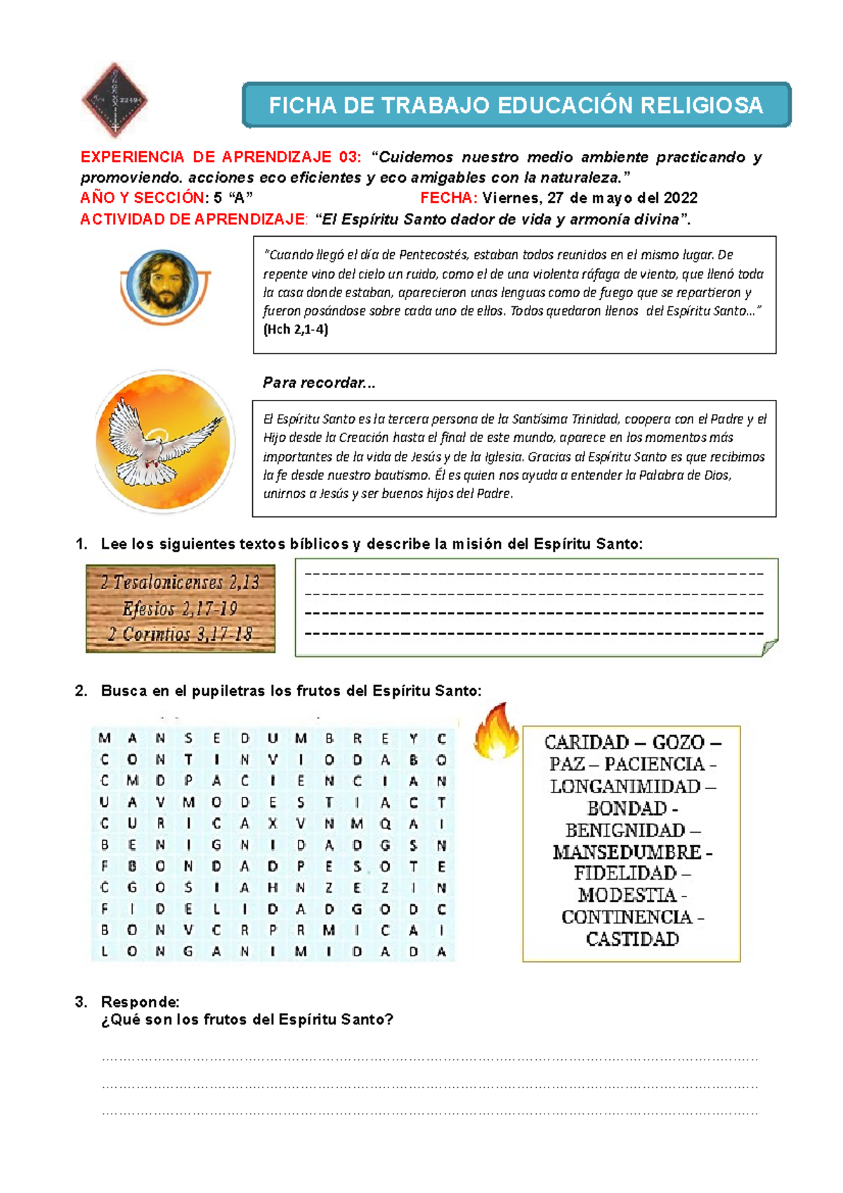 Ficha de Trabajo Religión 27 de mayo - EXPERIENCIA DE APRENDIZAJE 03 ...