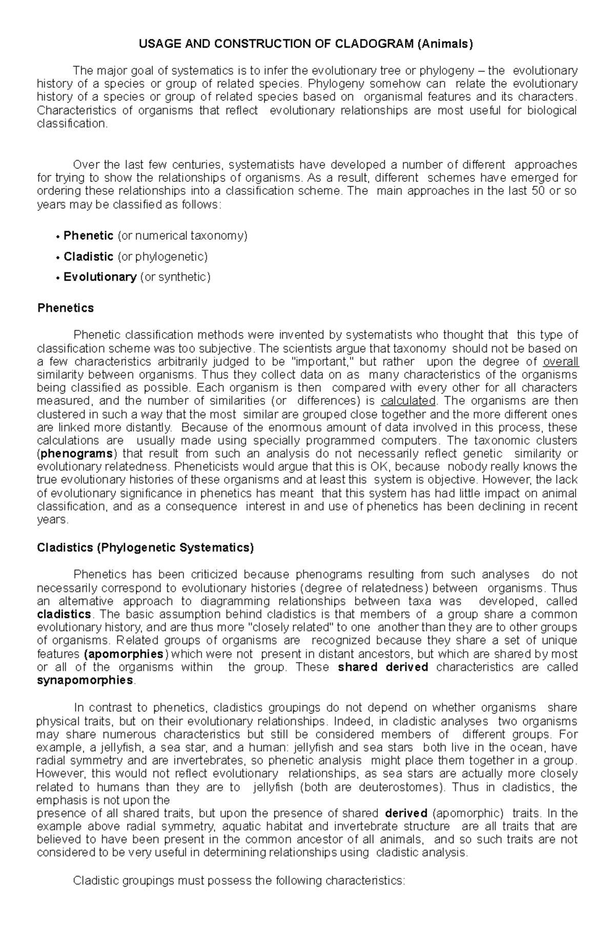 Activity 11 - Groupwork - USAGE AND CONSTRUCTION OF CLADOGRAM (Animals ...