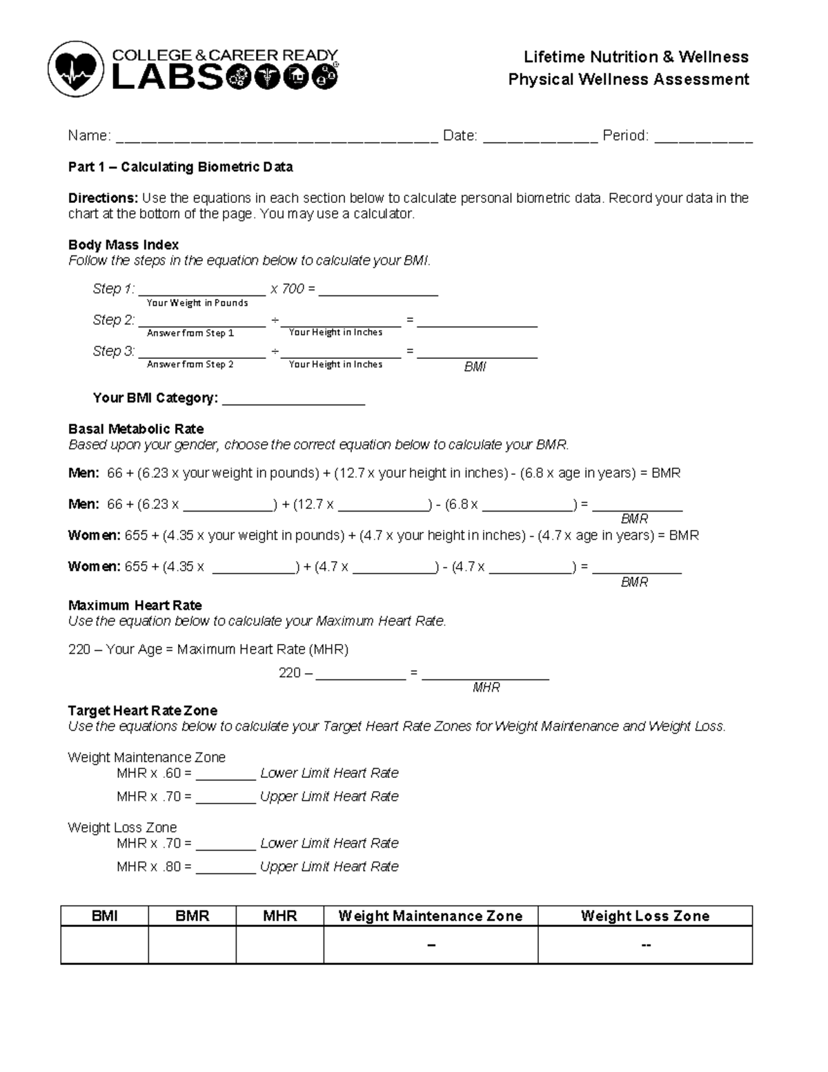 Physical Wellness Assessment Worksheet - Name ...