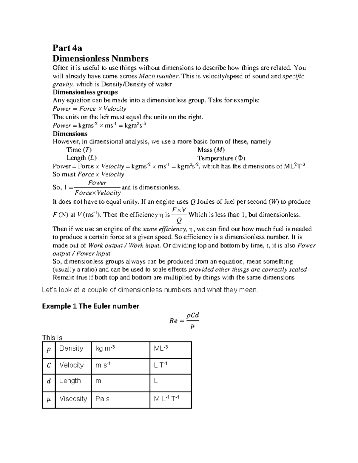 4a Dimensional analysis-1 - Part 4a Dimensionless Numbers Often it is useful to use things ...