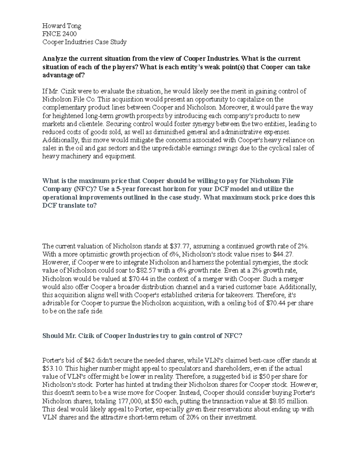 Cooper Industries Case Study - Howard Tong FNCE 2400 Cooper Industries Case Study Analyze the ...