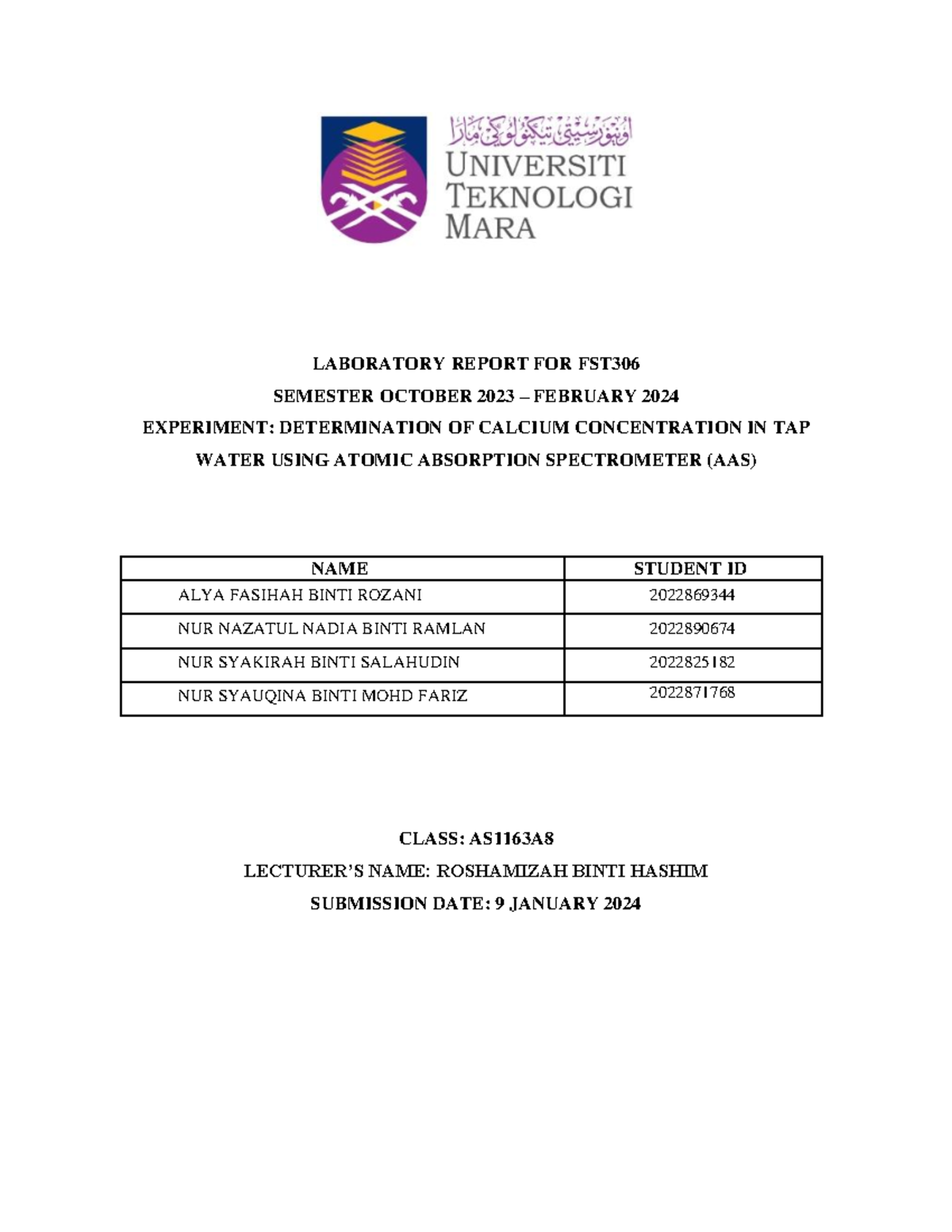 AAS - LABORATORY REPORT ON FST 306 (AAS) - LABORATORY REPORT FOR FST ...