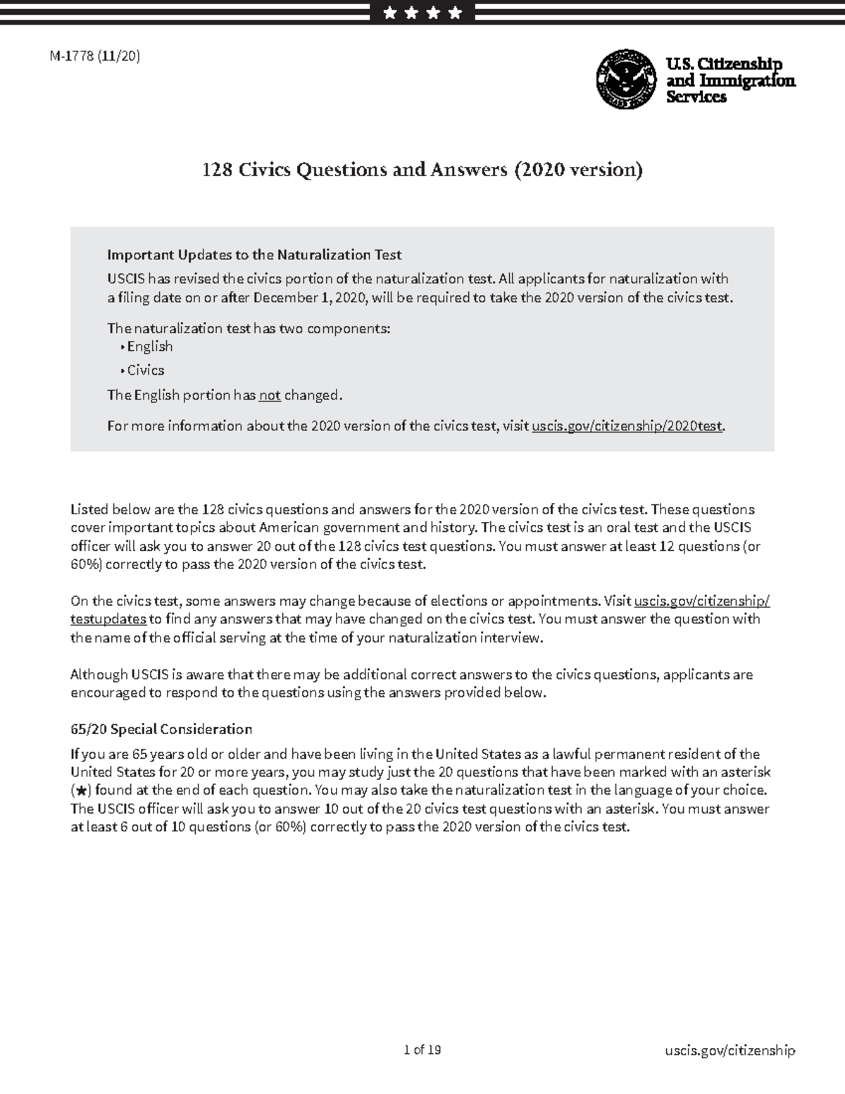128 Questions and Answers for the 2020 Version of the Civics Test - 128 ...