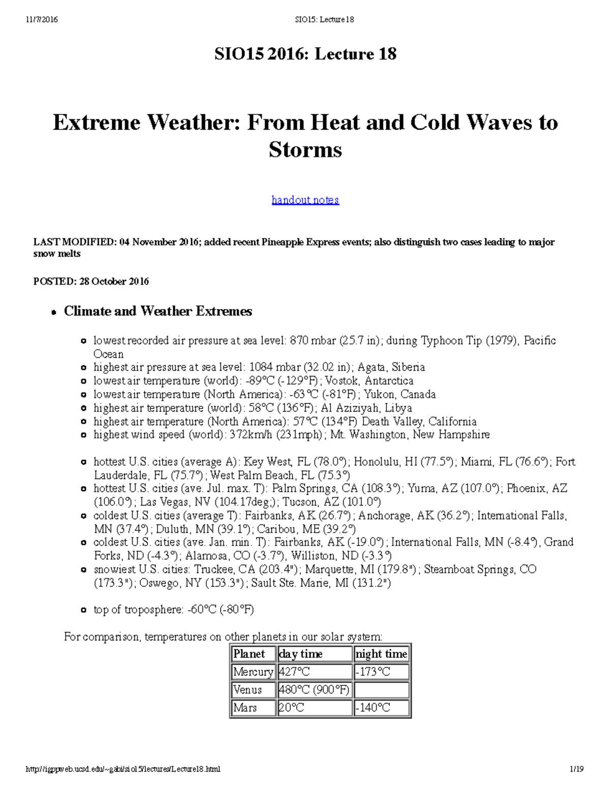 SIO15 Lecture 18 - SIO15 2016: Lecture 18 Extreme Weather: From Heat and Cold Waves to Storms ...