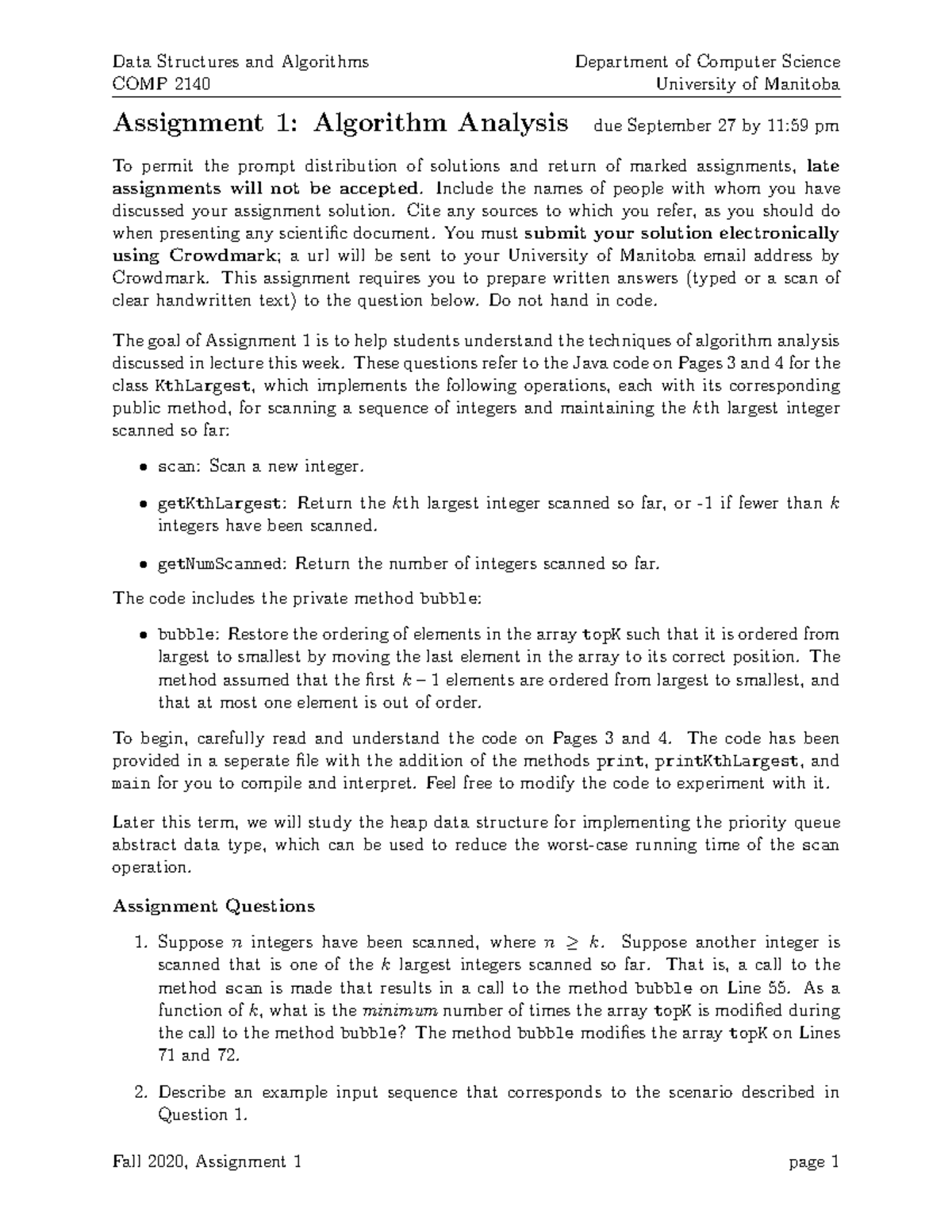 A1 - Assignment - COMP 2140 University of Manitoba Assignment 1: Algorithm Analysis due ...