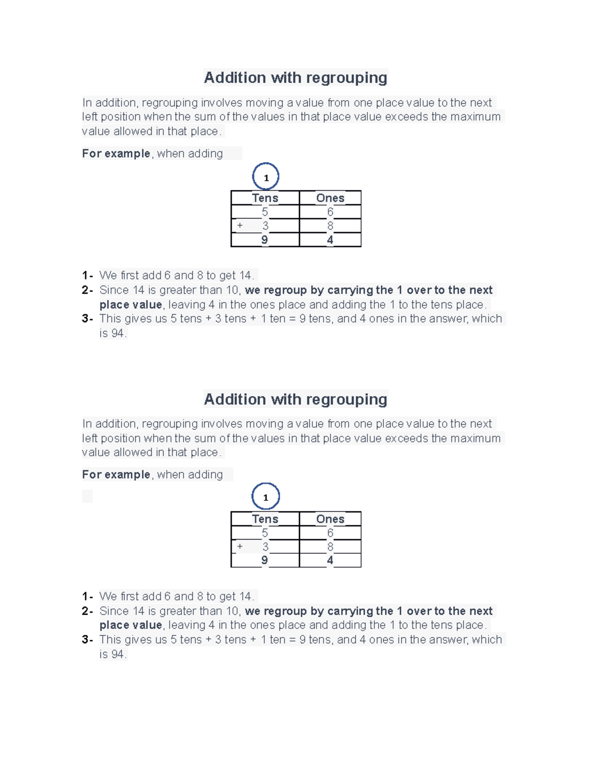 Addition with regrouping 3° and 4° - Addition with regrouping In ...